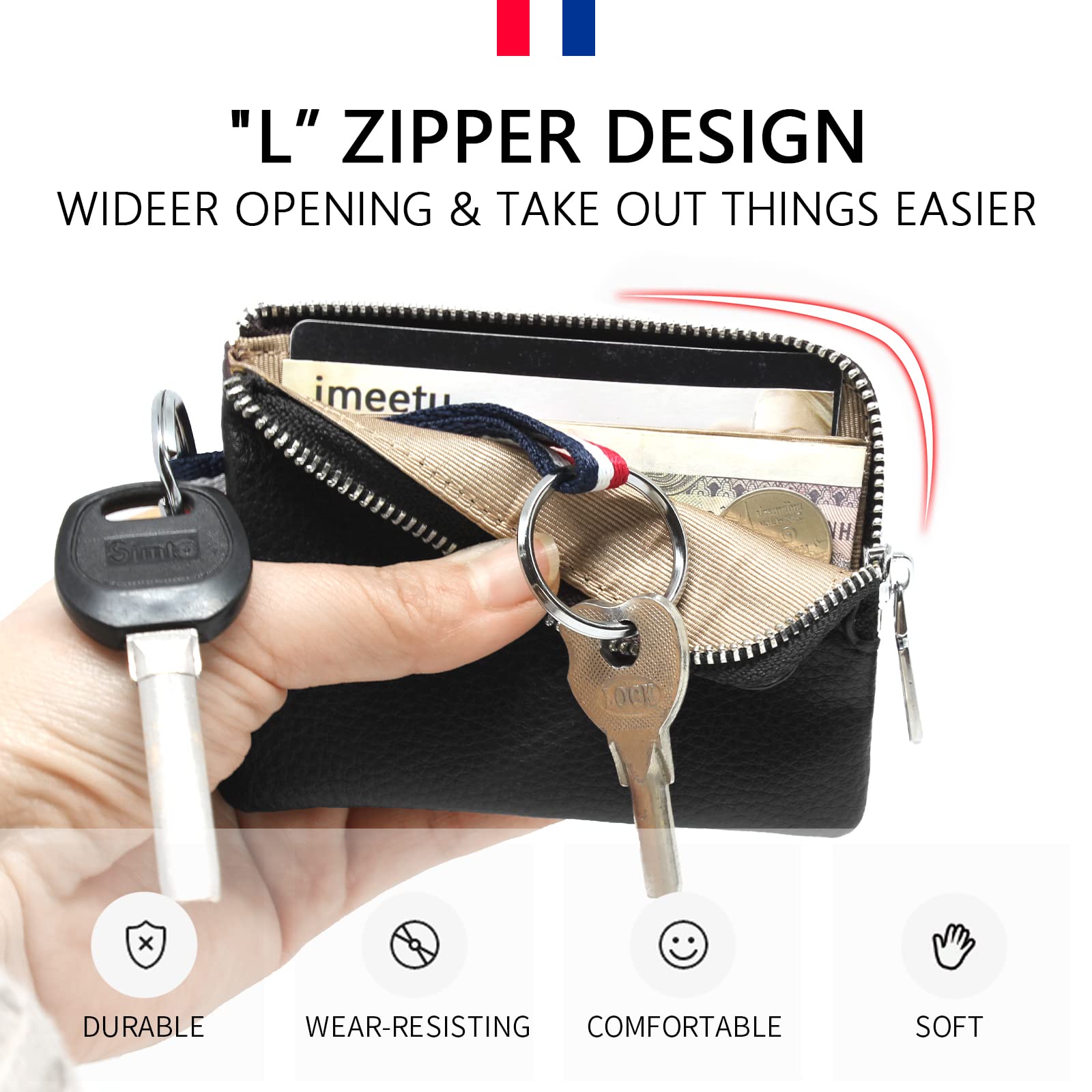 imeetu Leather Coin Purse Wallet, Mini Dual Keyrings Change Pouch Card Holder for Men Women (Black, standard)