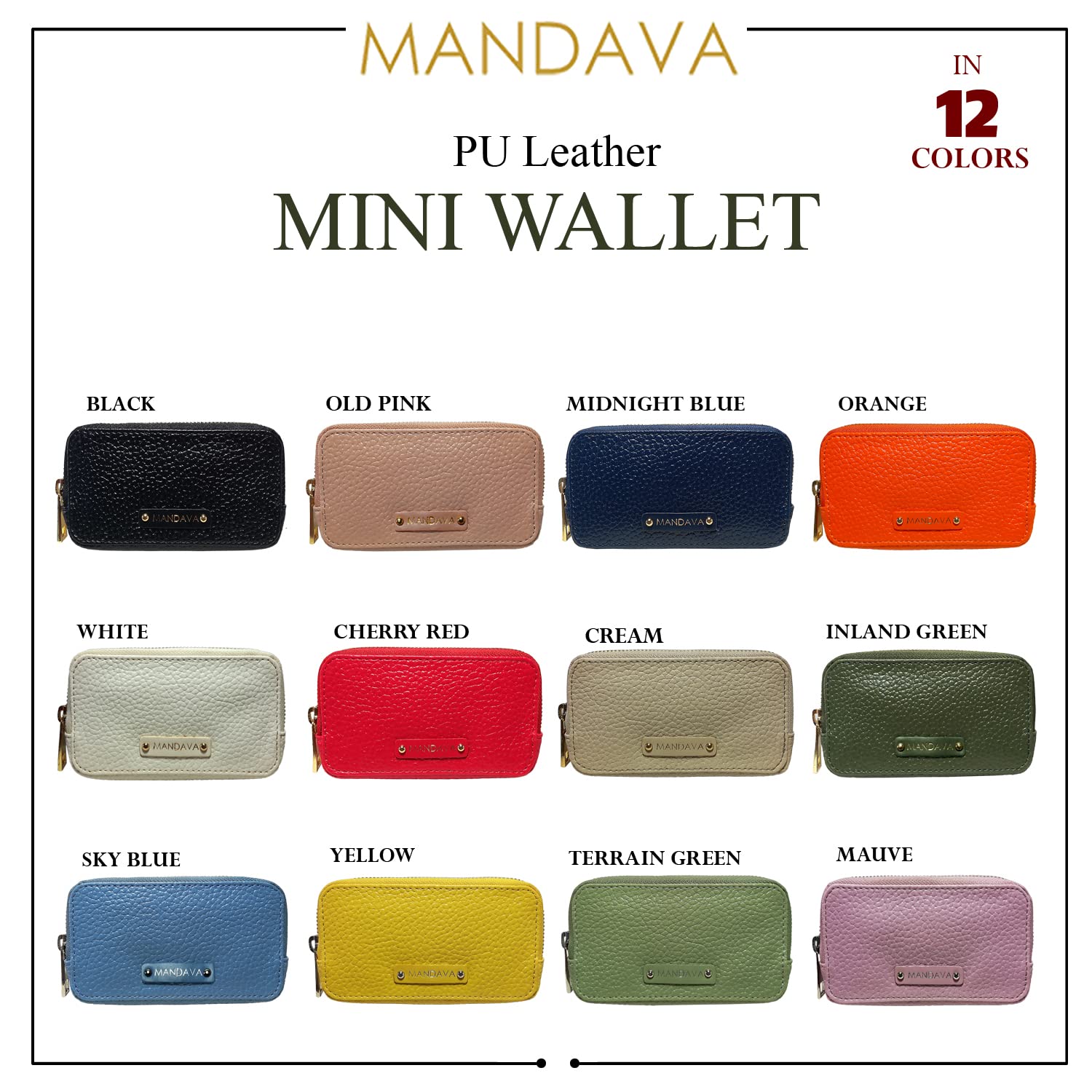 MANDAVA Women's PU Leather Mini Wallet | Ladies Slim Compact Card Holder Organizer Zipper Coin Purse (White)