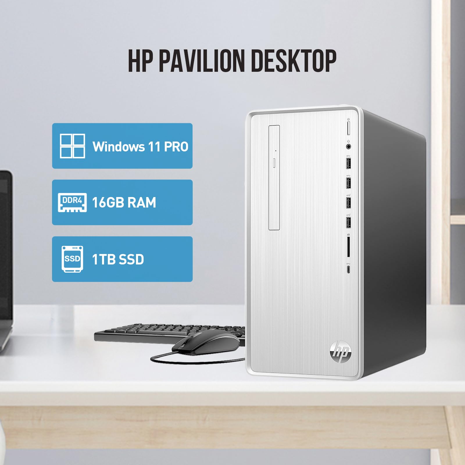 HP Pavilion Gaming Desktop, AMD Ryzen 5 5600G, 16GB RAM, 1TB HDD, 1TB SSD, Windows 11 Pro, Bluetooth, HDMI, Wi-Fi 5, SD Card Reader, Natural Silver, PCM