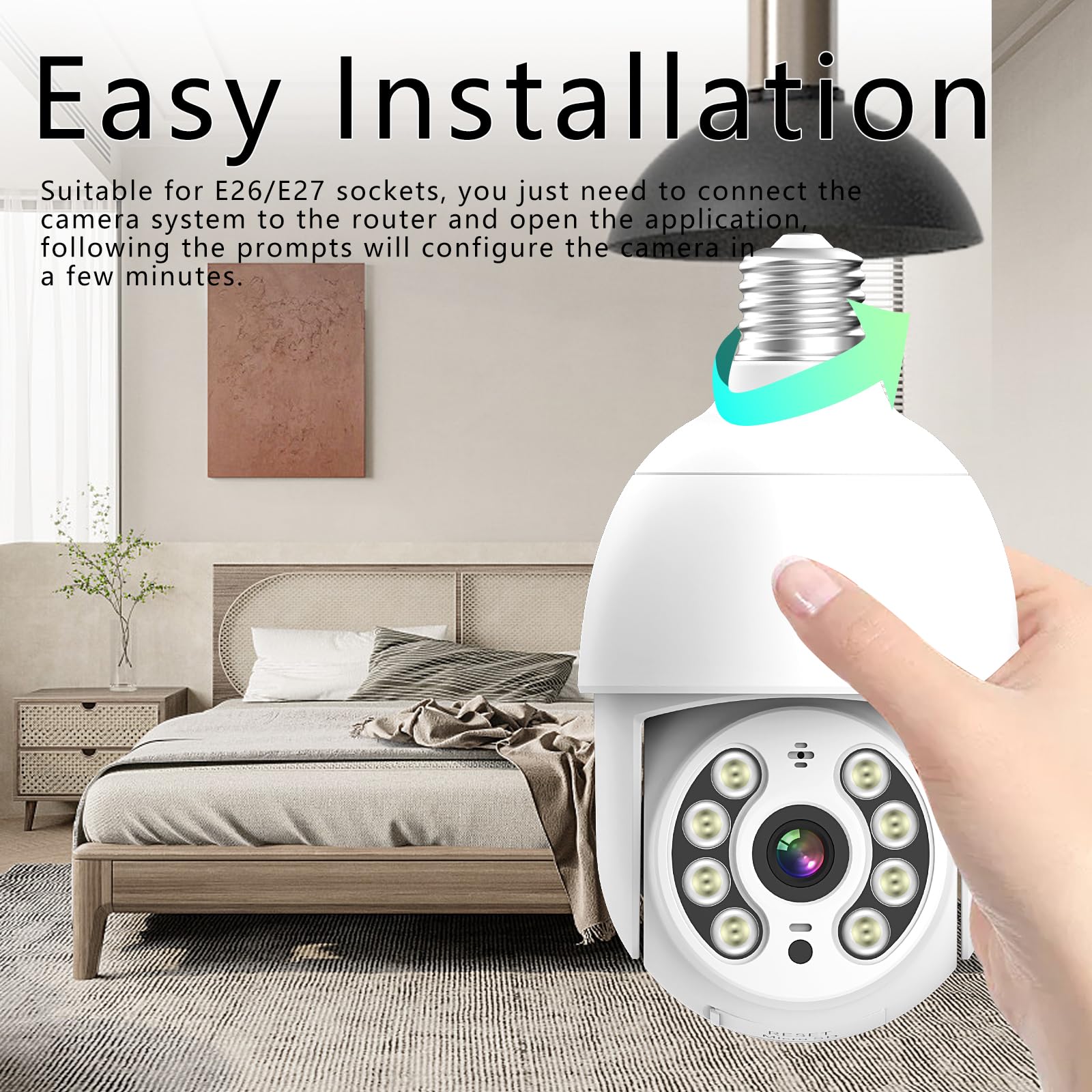 Hicvers Light Bulb Camera, 360° Panoramic Camera with 2 MP HD Picture Quality, with Clear Night Vision, 2-Way Audio, Motion Detection, Alarm Function, Compatible with Alexa, for Indoor and Outdoor