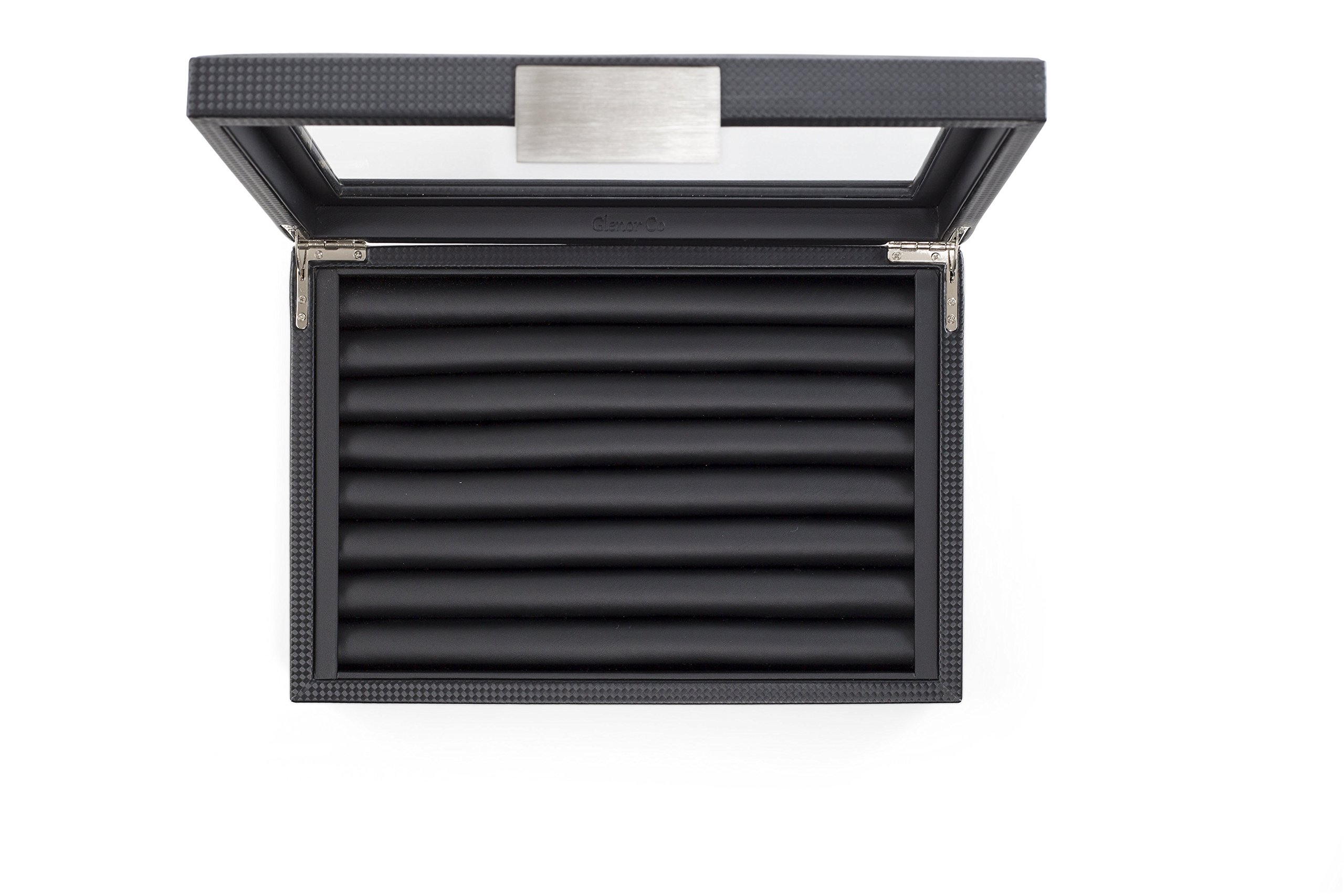 Glenor Co Cufflink Box for Men - Holds 70 Cufflinks - Luxury Display Jewelry Case -Carbon Fiber Design - Metal Buckle Holder, Large Glass Top - Black