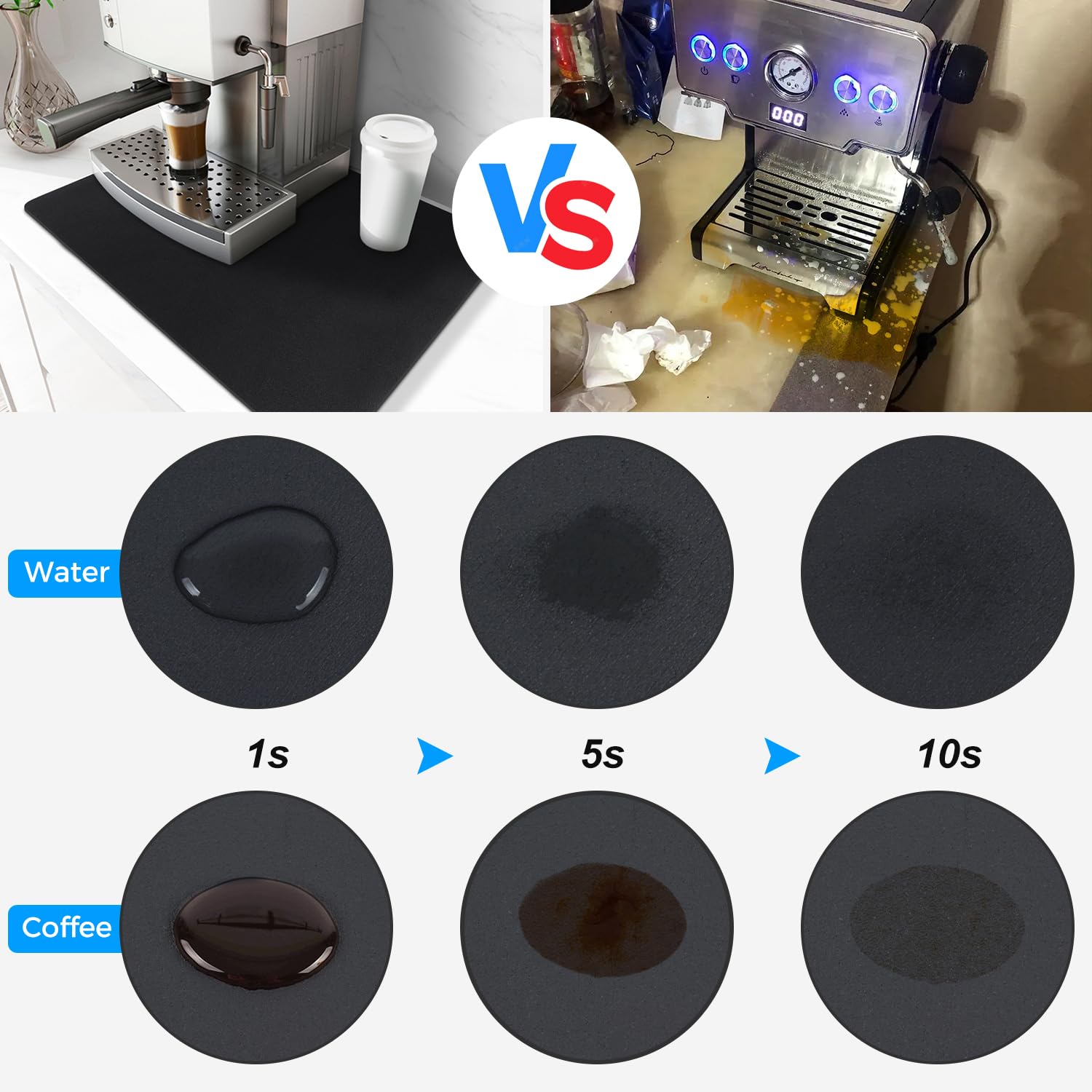 KinHwa Coffee Mat Coffee Bar Mat - Hide Stain Absorbent Rubber Backed Quick Drying Mat Coffee Matt For Counter-Coffee Bar Accessories Fit Under Coffee Maker Coffee Machine (Black,12"X20")