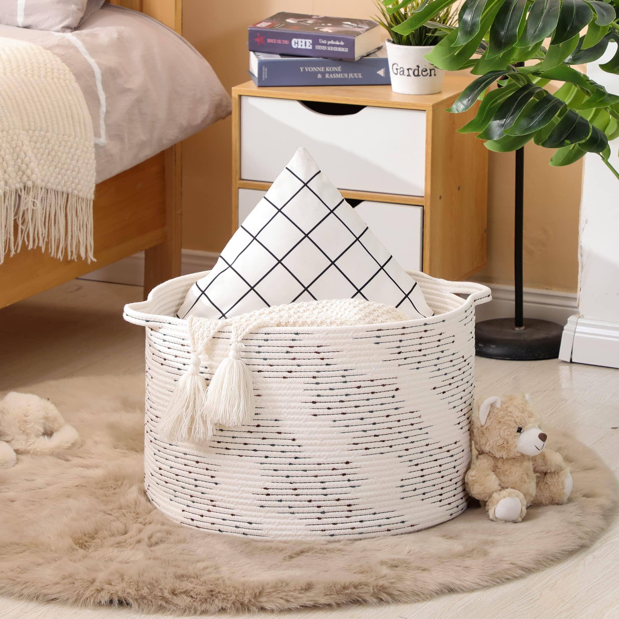 KAKAMAY Large Cotton Rope Blanket Basket (20"x13"),Woven Baby Laundry Hamper,Blanket Basket for Nursery, Laundry, Living Room, Pillows, Toys Dotted Pattern(White)