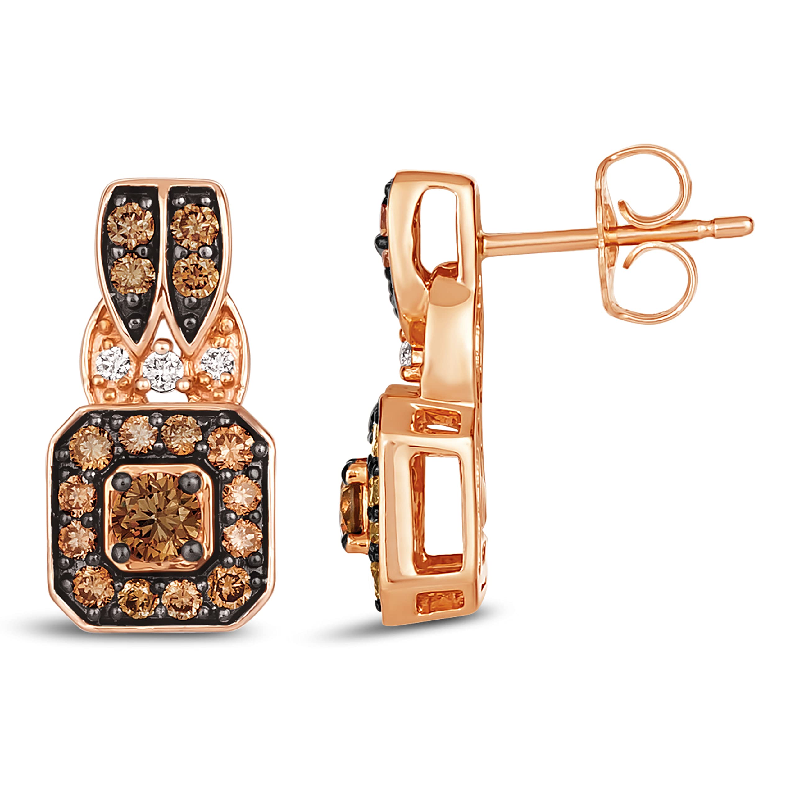 LE VIAN 3/4 Carat White and Brown Diamond Drop Earrings for Women in 14k Rose Gold (VS2-SI1, cttw) Square Dangle Earrings with Push Backs