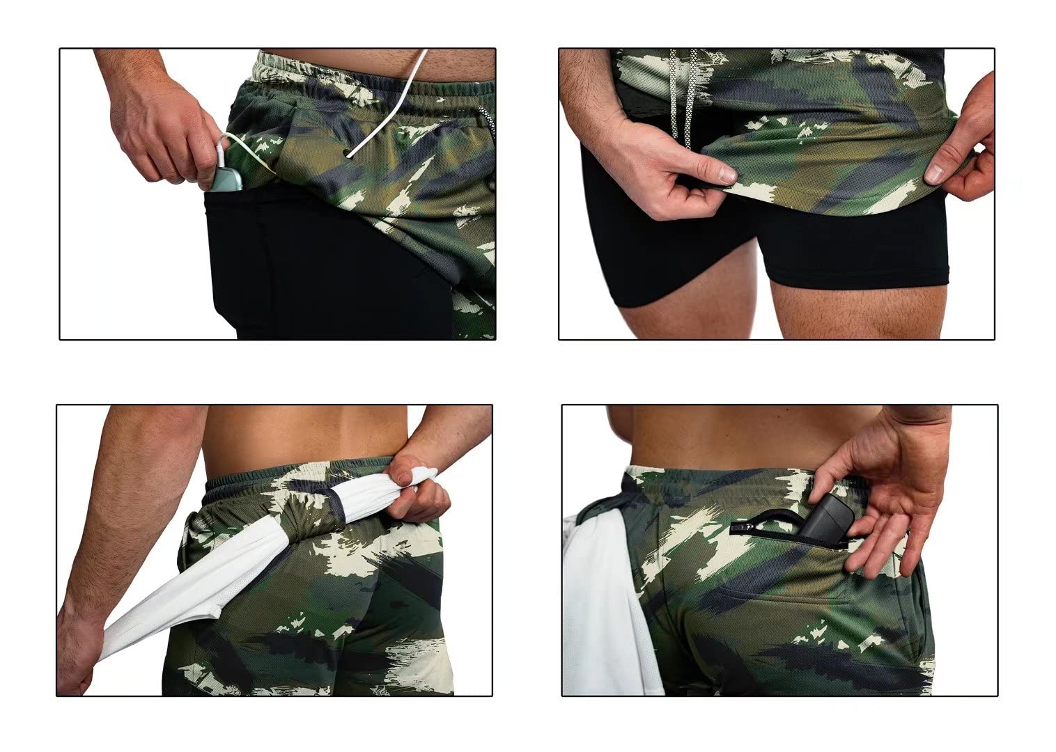 Men's 2 in 1 Workout Gym Running Shorts Athletic 7'' Dry Fit Mens Shorts Lightweight Short Pants with Compression Liner(CMGN L) Camouflage Green