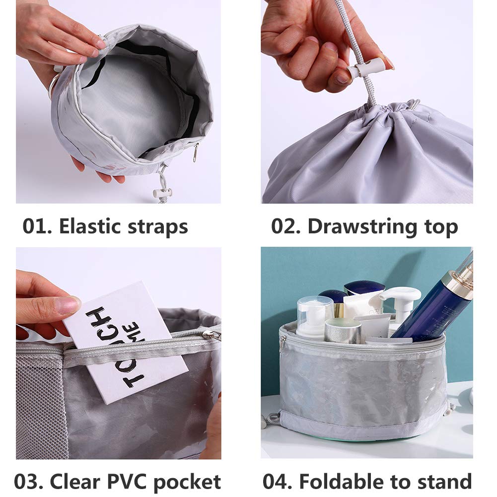 HOYOFO Drawstring Makeup Bags Travel Barrel Cosmetics Bag Brush Organizer Waterproof Toiletry Kit Storage Pouch, Grey