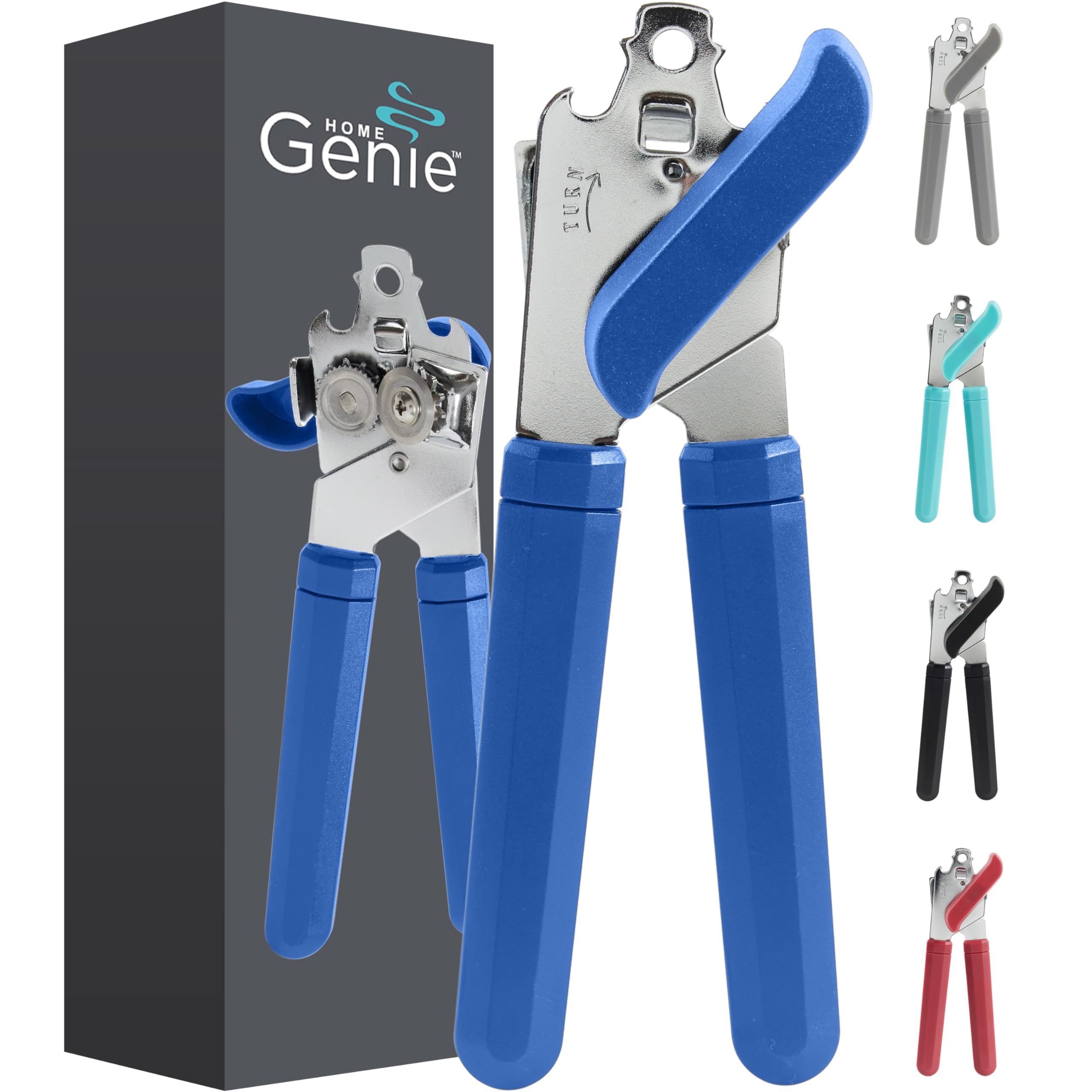 Home Genie Stainless Steel Blade and Rust Resistant Manual Can Opener, HandHeld Easy Turn Knob, Smooth Edge Cut on Lids, Large Handles with Bottle Top Openers, Kitchen Tool Accessories, Pitch Black
