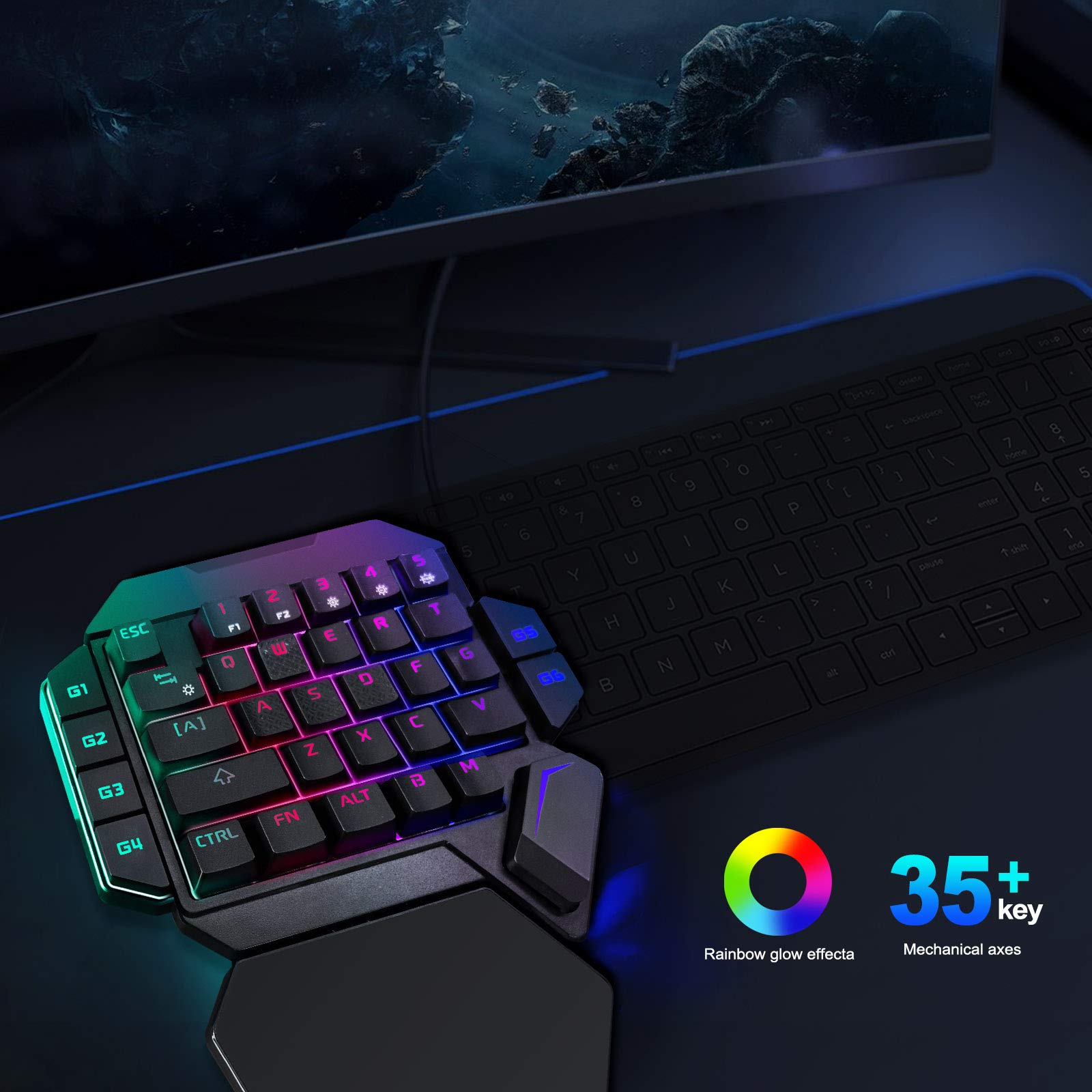 Ippinkan One Hand RGB Gaming Keyboard and Backlit Mouse Combo Gaming Mechanical Keyboard 35 Keys Rainbow Backlight Waterproof one Handed Keyboard for Laptop PC