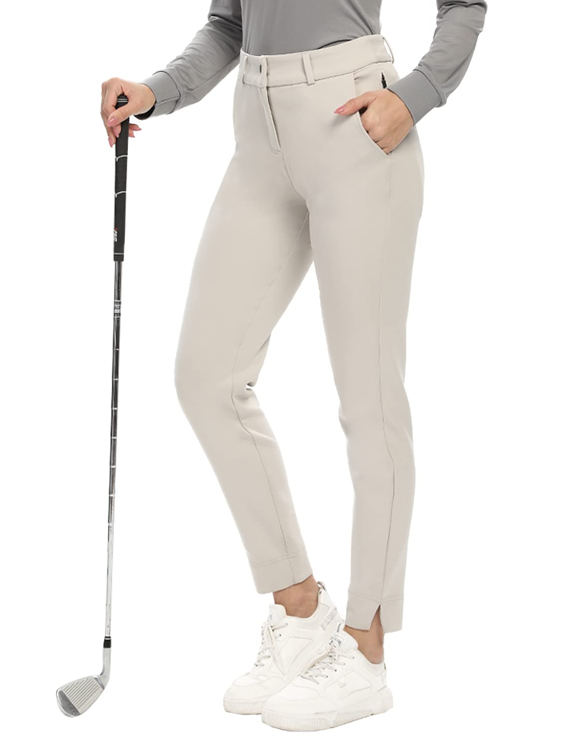 Hiverlay Womens Golf Pants Work Pants Stretch Lightweight Khaki Dress Pants Business Casual with Zipper Pocket White L