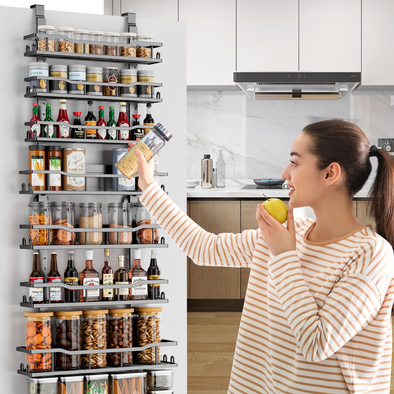 MSERCUOR Over The Door Pantry Organizer Rack, 9-Tier Metal Pantry Organization And Storage with Adjustable Baskets, Hanging Spice Rack for Home & Kitchen Laundry Room Bathroom (9 Tier Black)