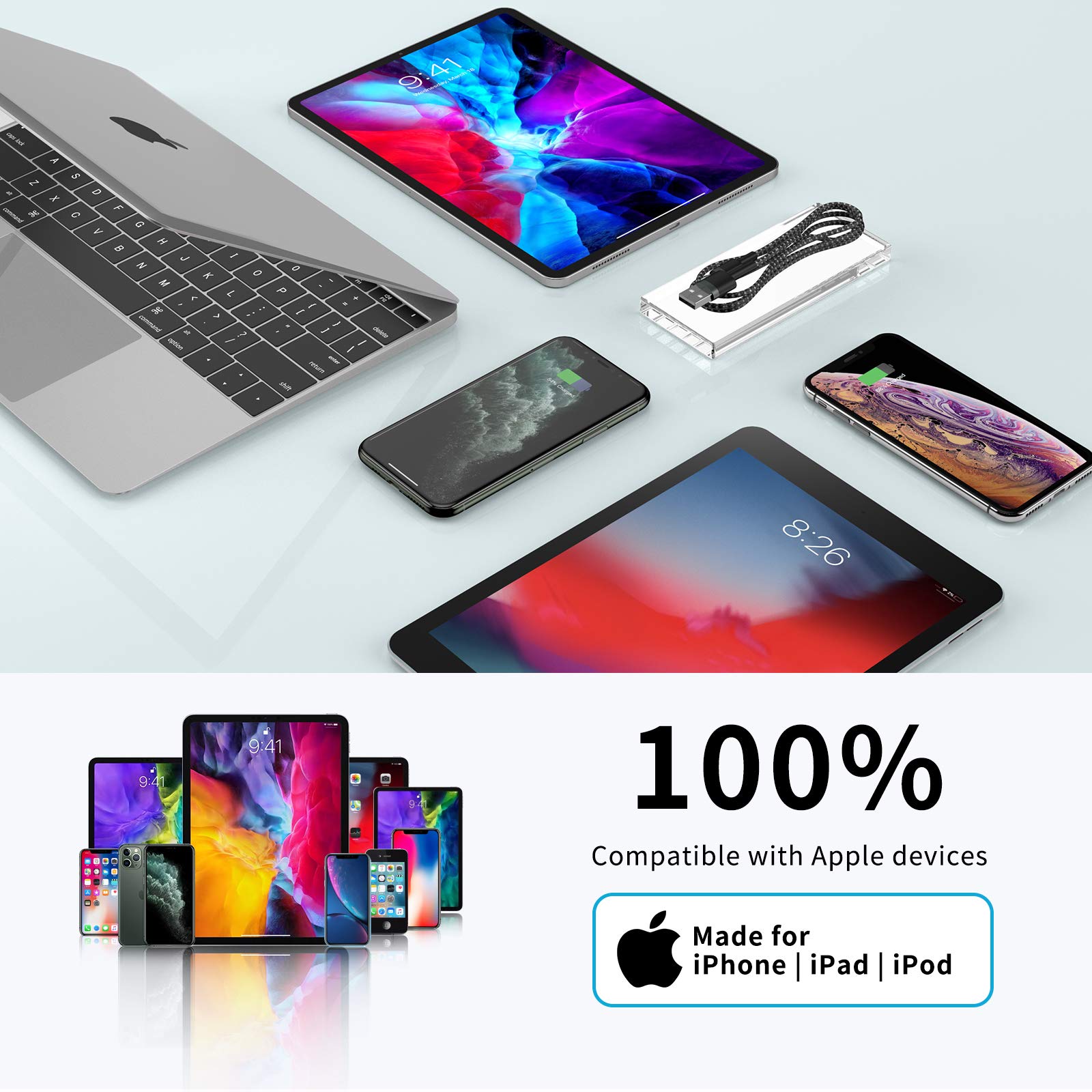 iPhone Charger Lightning Cable 10 ft,5PACK 10 Foot iPhone Charging Cord Nylon Braided Fast Charging & Sync Long Cable for iPhone Xs XR X/8 8Plus/7/6/5/iPad11