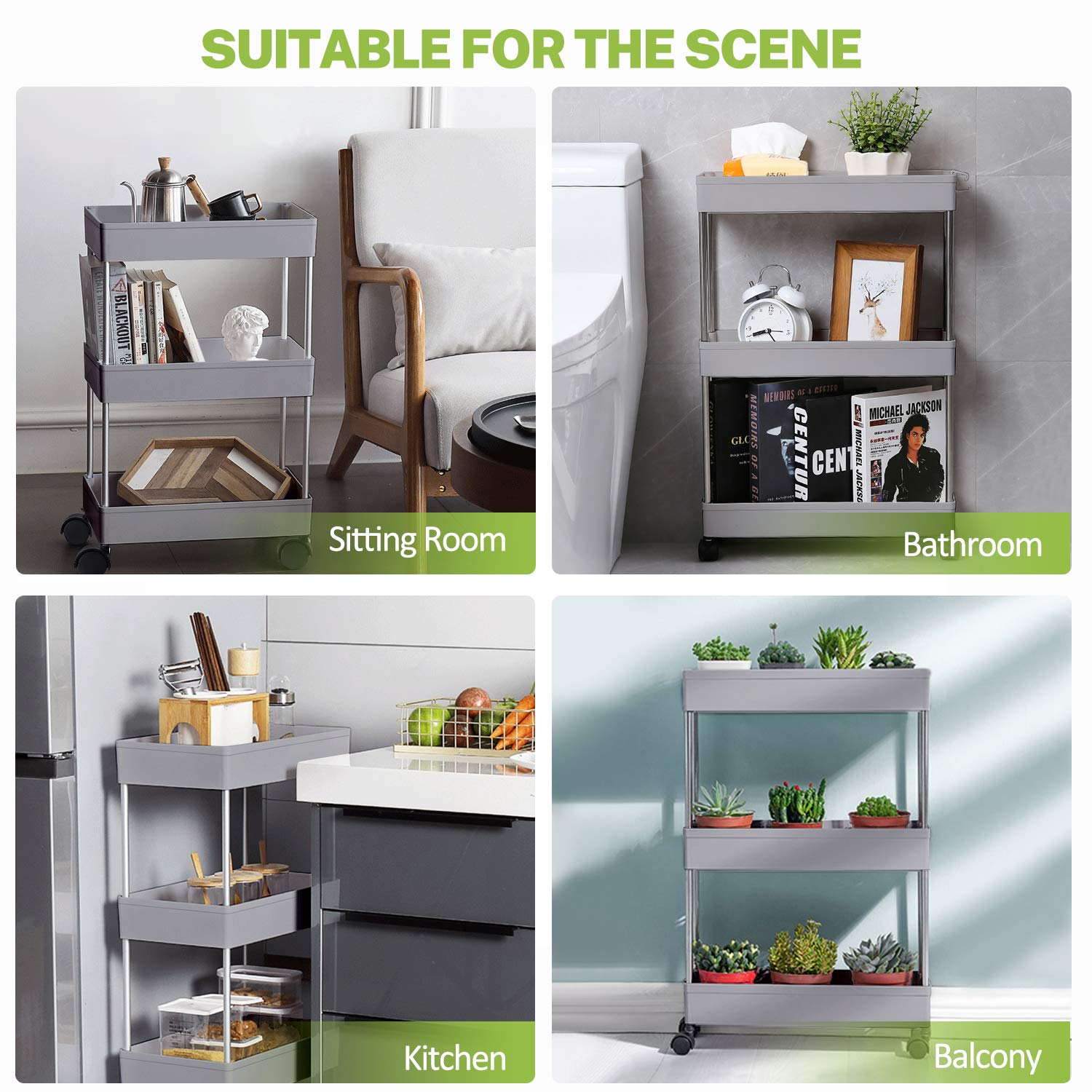KPX Bathroom Rolling Storage Cart with Wheels Kitchen Utility Cart Casters Mobile Laundry Organizer Shelves for Room Organizers, Make Up, Home School, Dorm Room Office Essentials (3-Tier, Gray 1)