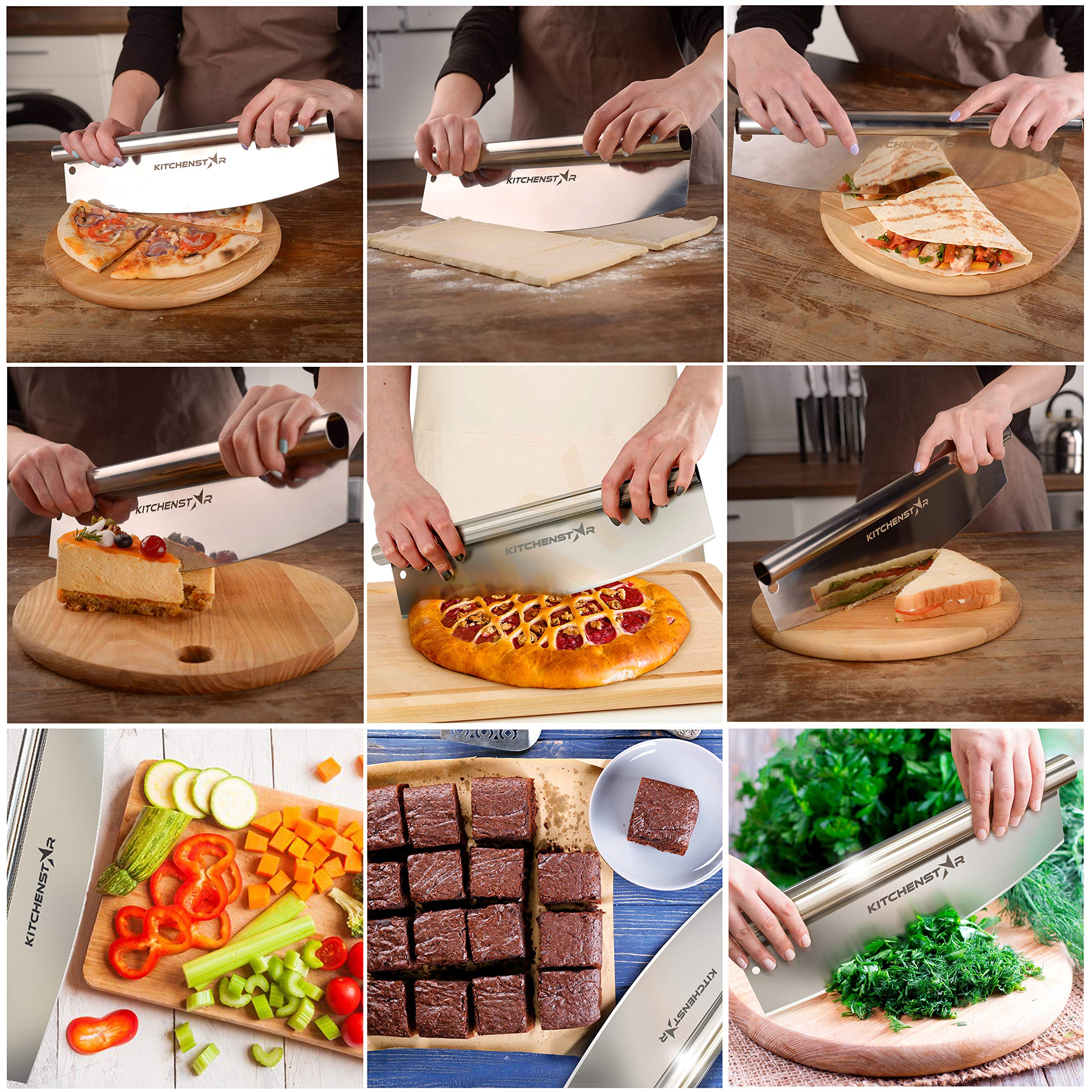 KitchenStar Pizza Stone for Oven and Grill 12 inch + Pizza Cutter Rocker 12" Black - Pizza Making Set Bundle - Premium Pizza Oven Accessories and Tools
