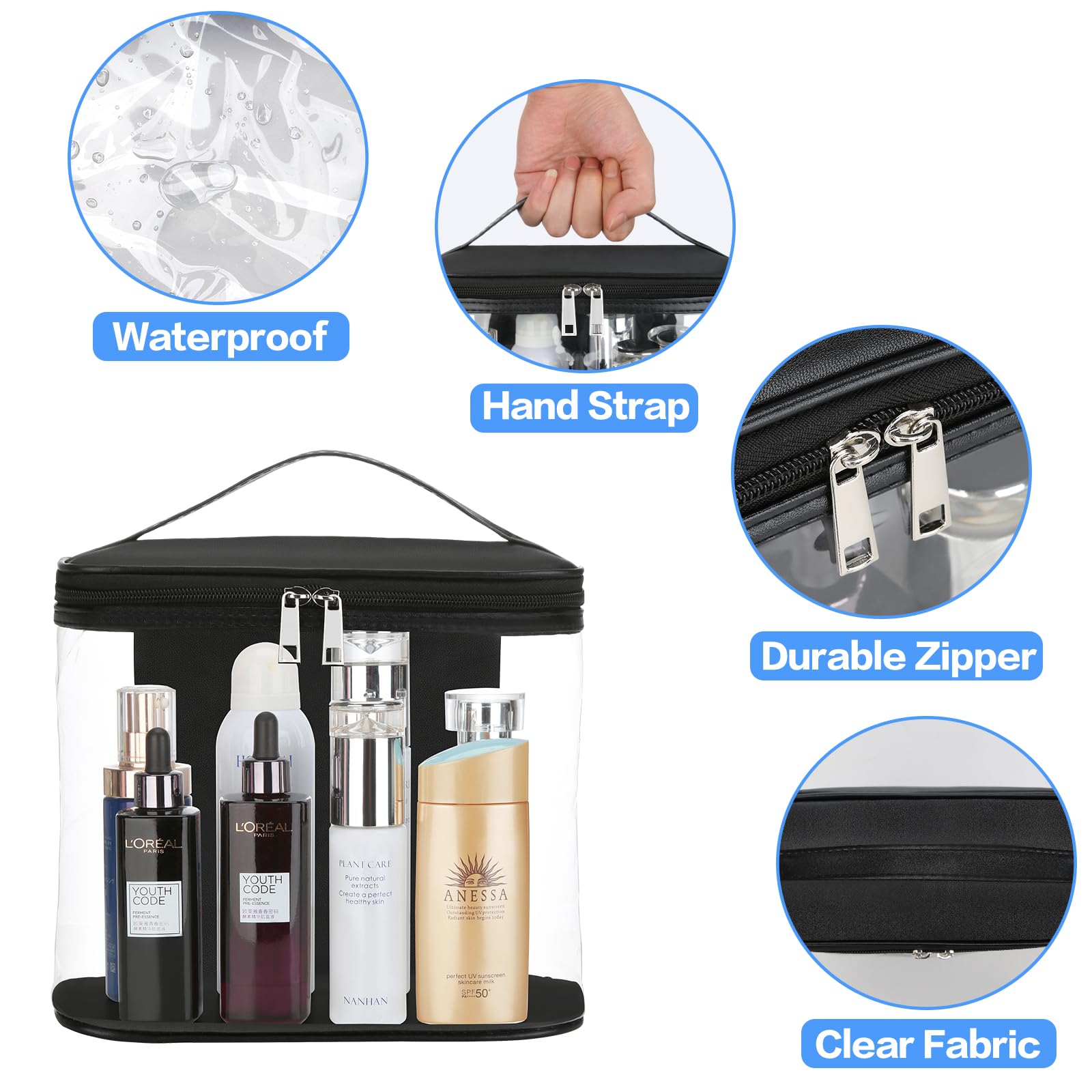HAOGUAGUA Heavy Duty Leak Proof Clear Travel Bags for Toiletries, Transparent Makeup Cosmetic Bag with Zipper and Handle (Large, Black)
