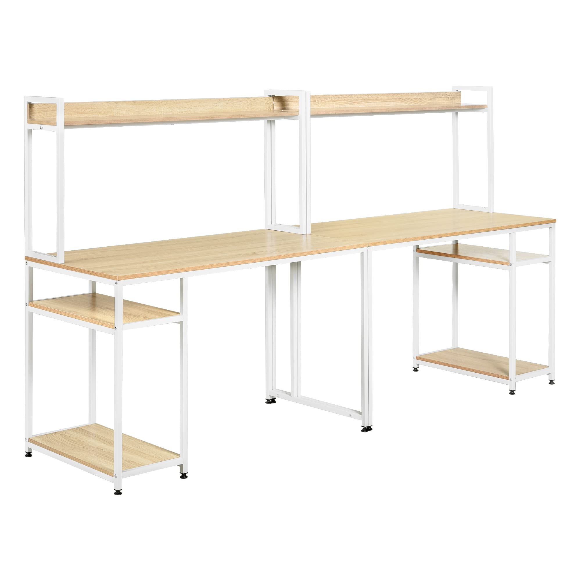 HOMCOM 94.5in Industrial Double Computer Desk with Hutch and Storage Shelves, Extra Long Two Person Home Office Desk, Writing Table Workstation for 2 People with CPU Stand, Oak Wood Grain