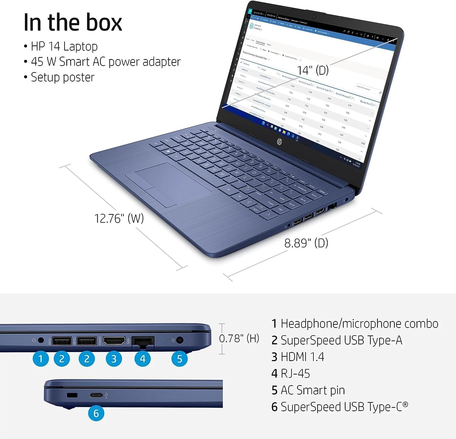 HP 14" Laptop for Student and Business - HD Display, Intel Quad-Core Processor, 4GB RAM, 64GB eMMC, ‎Intel UHD Graphics 600, Wi-Fi, Bluetooth, Webcam, Windows 11 Home in S Mode, Blue