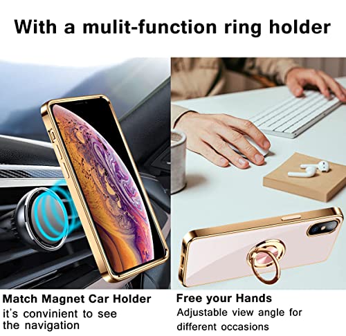 iPhone Xs/iPhone X Case 5.8" Soft Silicone Electroplated Anti-Scratch Cases with Ring Holder Stand Flexible TPU Bumper Shockproof Cover - Light Pink