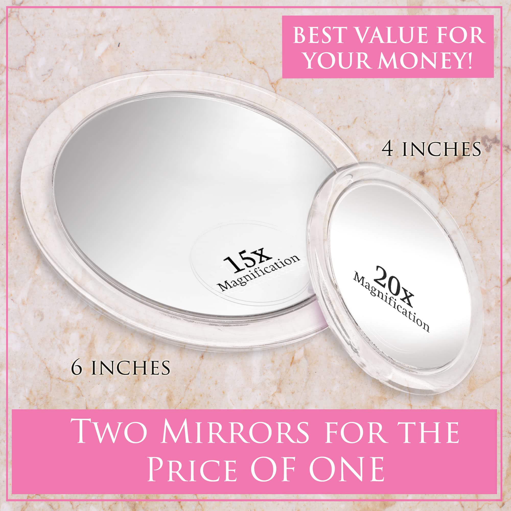 MIRRORVANA 20X & 15X Magnifying Mirror Set Combo with 3 Suction Cups Each and Small Pocket Size 7X Magnified Compact Mirror for Purse and Handbag Bundle