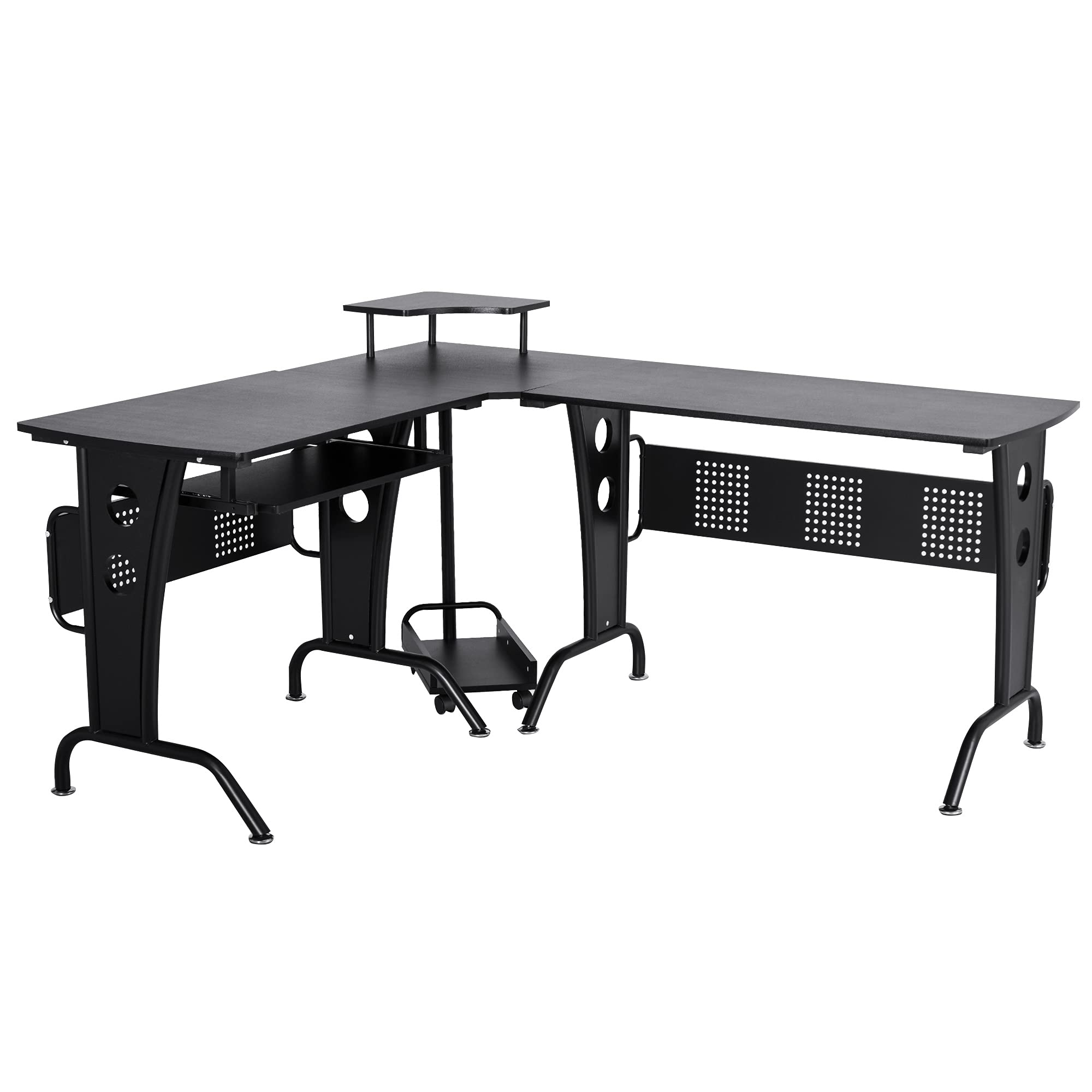 HOMCOM L-Shaped Corner Computer Office Desk Workstation with Elevated Shelf, Rolling Keyboard Tray, & Convenient CPU Stand, Black