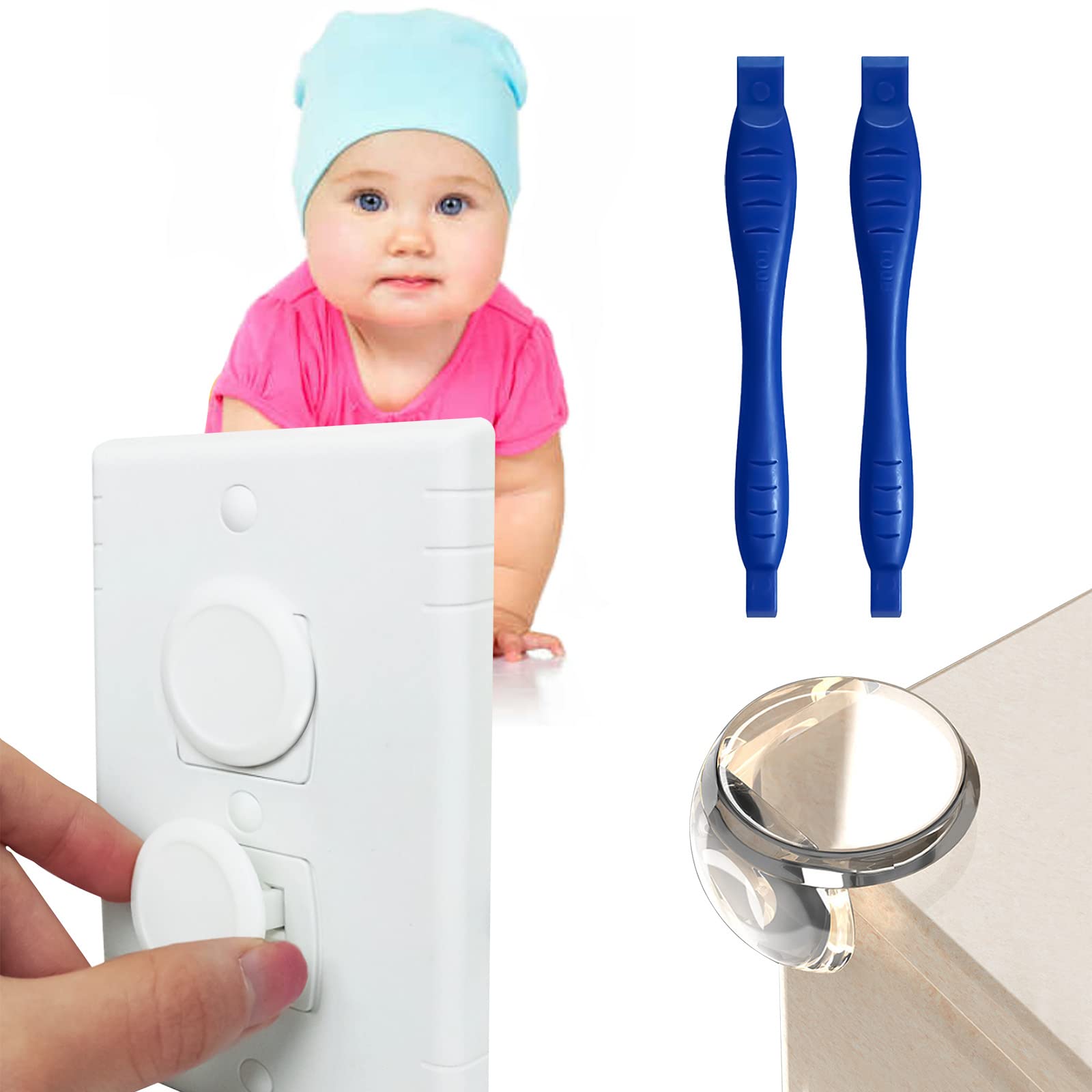 Miao'er Baby Proofing Kit, Baby Proof Outlet Covers-50 Pack, with 2 Pieces Plastic Stick for Easy Removal. Corner Protector Baby Proof-12 Pack, Effectively Protect Child from Sharp Corners (Round)