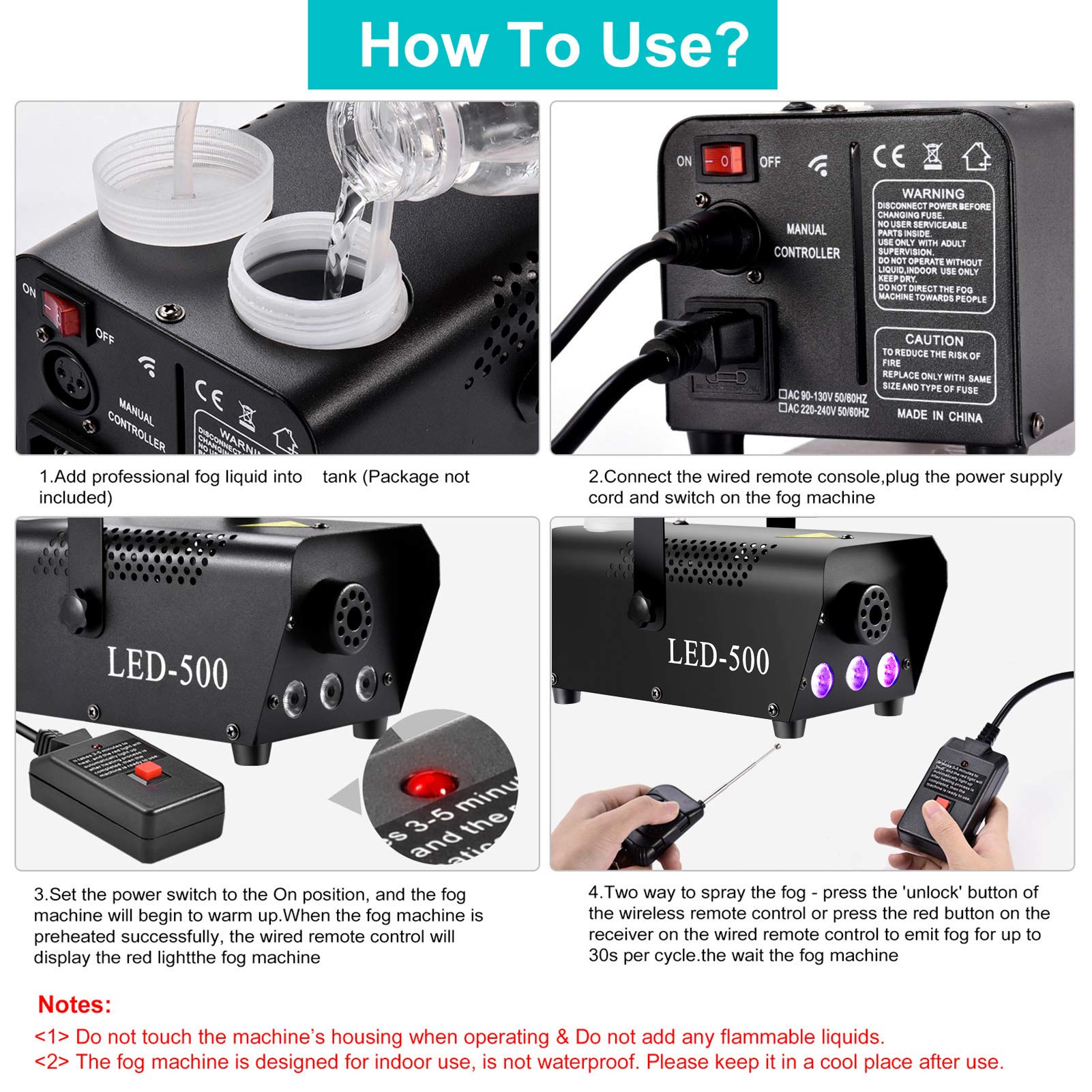 IPHUNGO 500W & 3000 CFM Fog Smoke Machine Controllable Lights with Fuse Protection - 3 LED Lights & 13 Colors & 1 Wired Receiver and 2 Wireless Remote Controls Perfect for Wedding, Party, Stage Effect