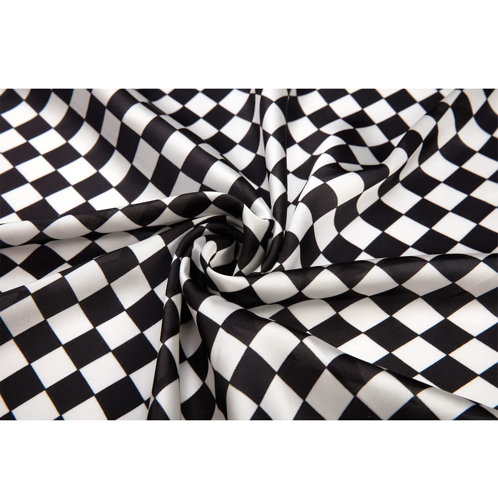 NaSoPerfect 27 inch Silk Feeling Scarf Square Satin Head Scarf Fashion Checkerboard Print Neck Scarfs for Women Black and White