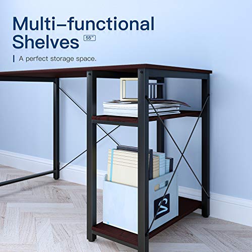 Home Office Computer Desk with Shelves,55 inch Modern Sturdy Desk,Writing Desk with Storage Shelves,African Walnut
