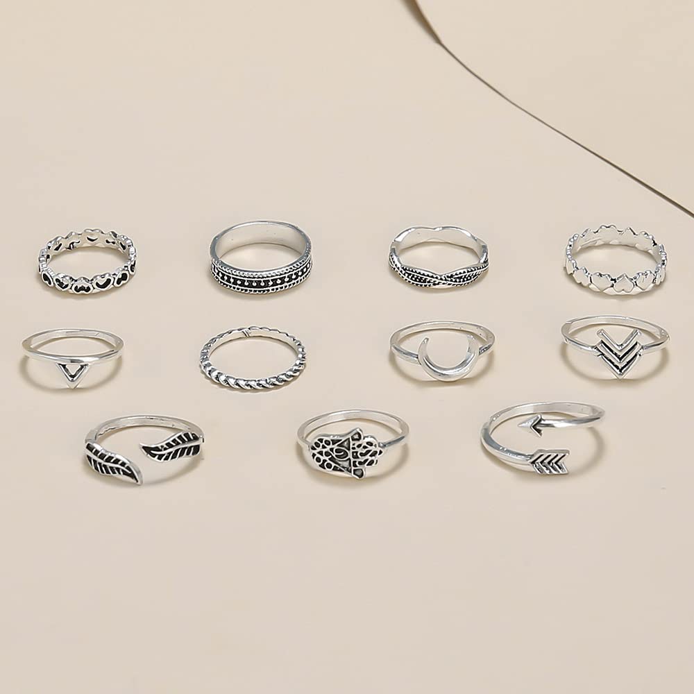 Jumwrit Bohemian Knuckle Rings Set Vintage Finger Rings Set Midi Rings Love Heart Ring Index Rings Silver Band Ring Stackable Rings for Women(11PCS)