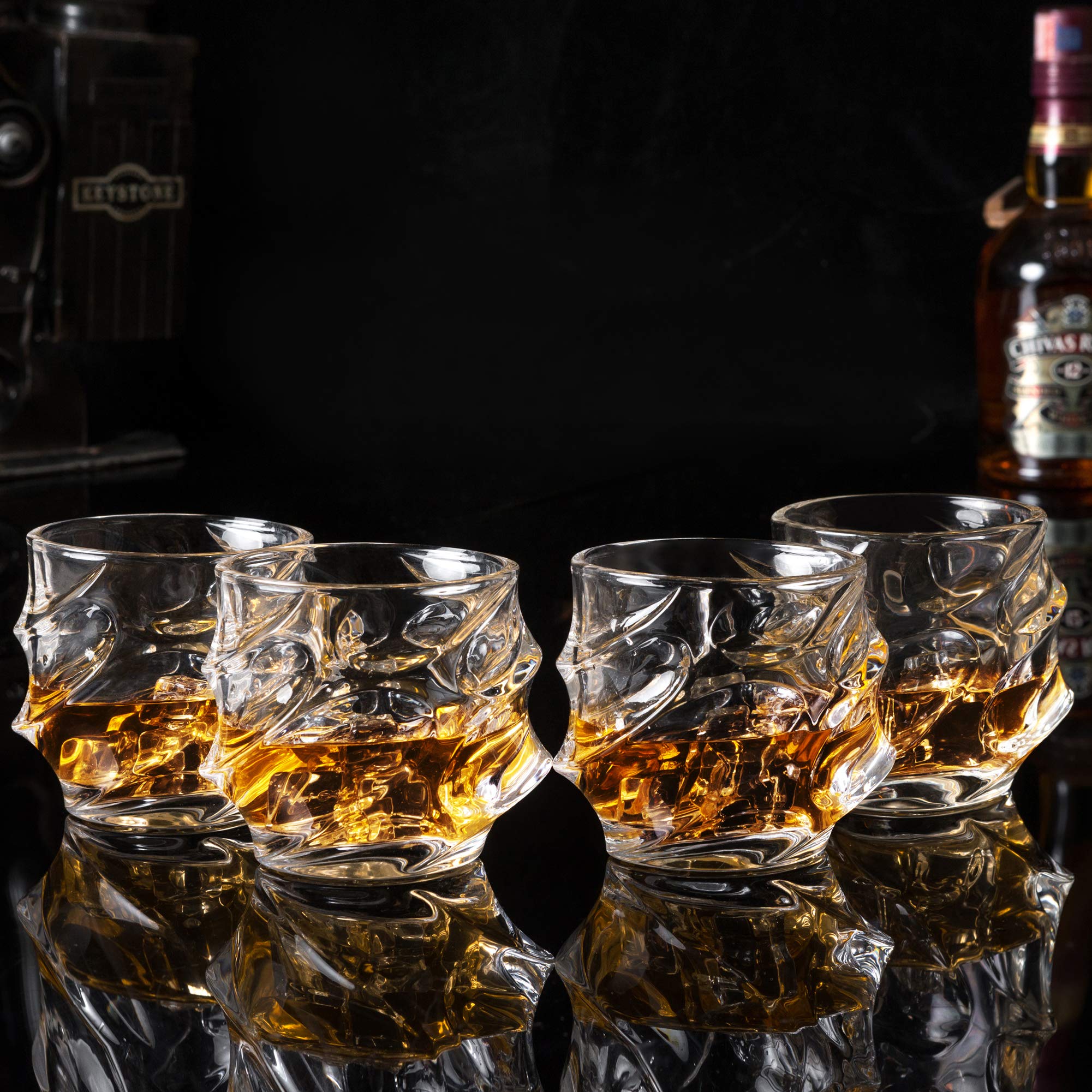 KANARS Old Fashioned Whiskey Glasses 11 Oz - Emperor Rocks Glasses Set of 4 for Bourbon Cocktail Scotch Snifter Malt Cognac - Heavy Crystal Bar Glassware - Unique Men Gift