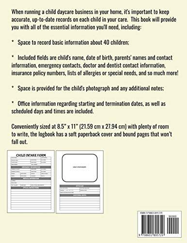 Home Daycare Provider Child Intake Forms: 8.5" x 11" Professional Child Care Profile Organizational Information Sheets for Childcare for 40 Client Children (81 Pages)