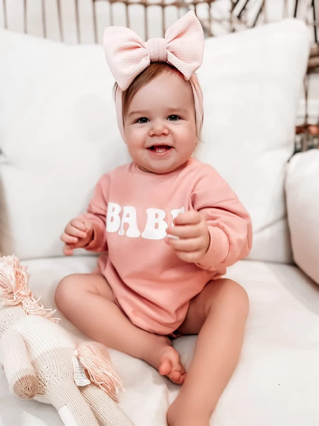 Newborn Baby Girl Boy Clothes Crewneck Sweatshirt Romper Babe/Rainbow Pullover Sweater Shirts Oversized Fall Clothes (Babe-Pink, 0-3 Months)
