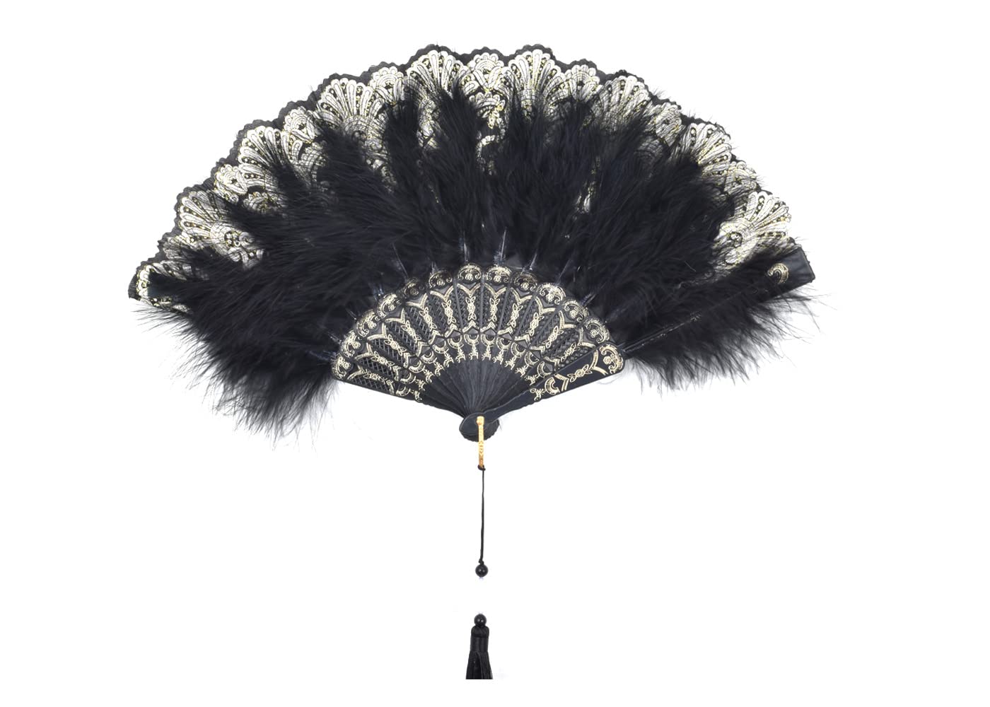 HONSHEN 2 Pack Embroidered Flower Marabou Feather Fan1920s Vintage Style Flapper Hand Fan for Costume Party Dancing (Feather Fan lace 2p Black)