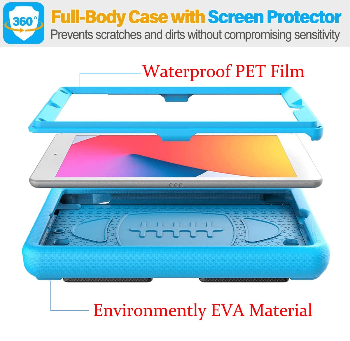 MENZO Kids Case for iPad 9th Generation, iPad 8th/7th Generation Case for Kids, iPad 10.2 Case, with Built-in Screen Protector, Shockproof Handle Stand Case for New iPad 10.2 inch 2021/2020/2019, Blue