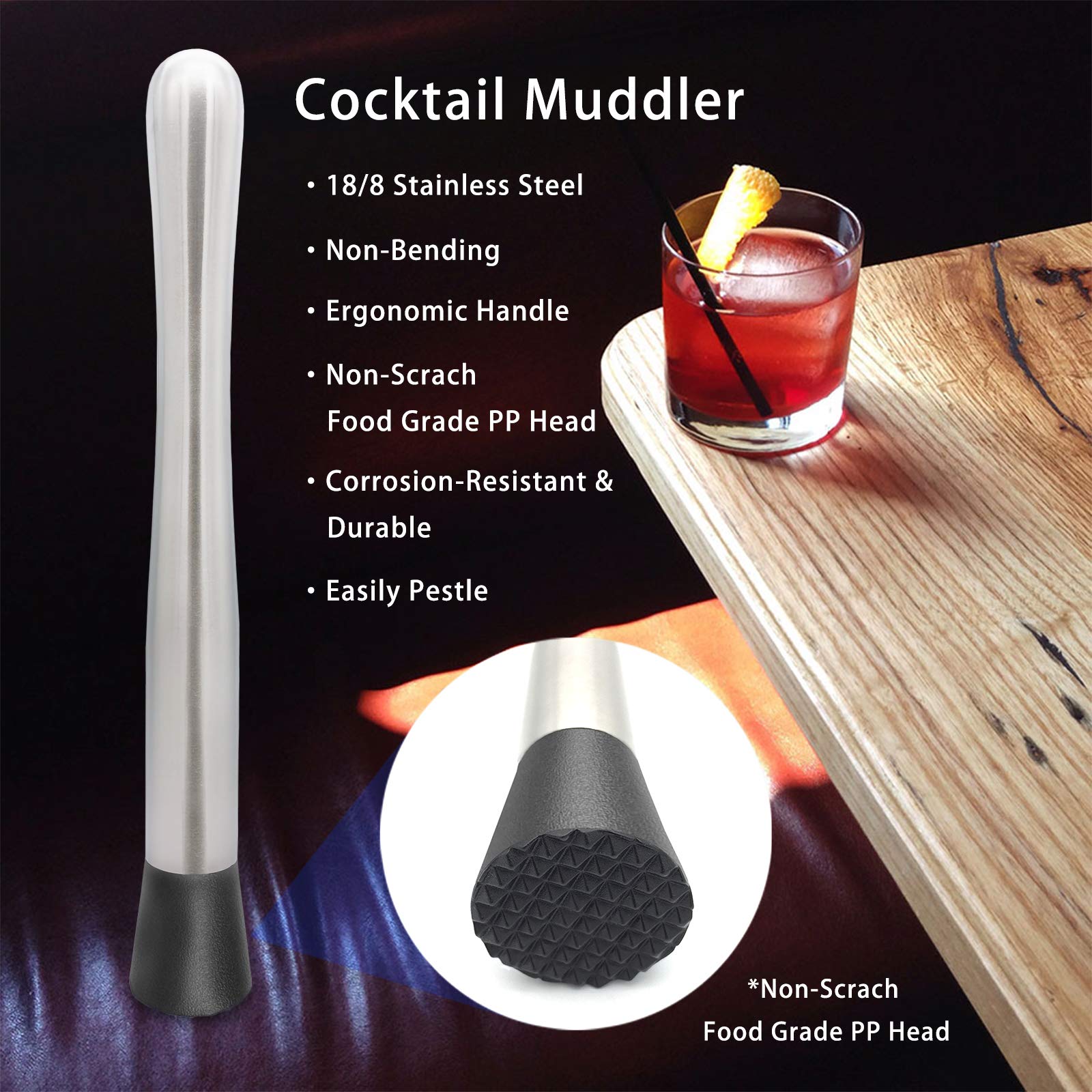 LNYFOUG 10 Inch Stainless Steel Cocktail Muddler and Mixing Spoon Ideal Home Bar Bartenderās Tool Sets for Mojito and Other Fruit Drinks