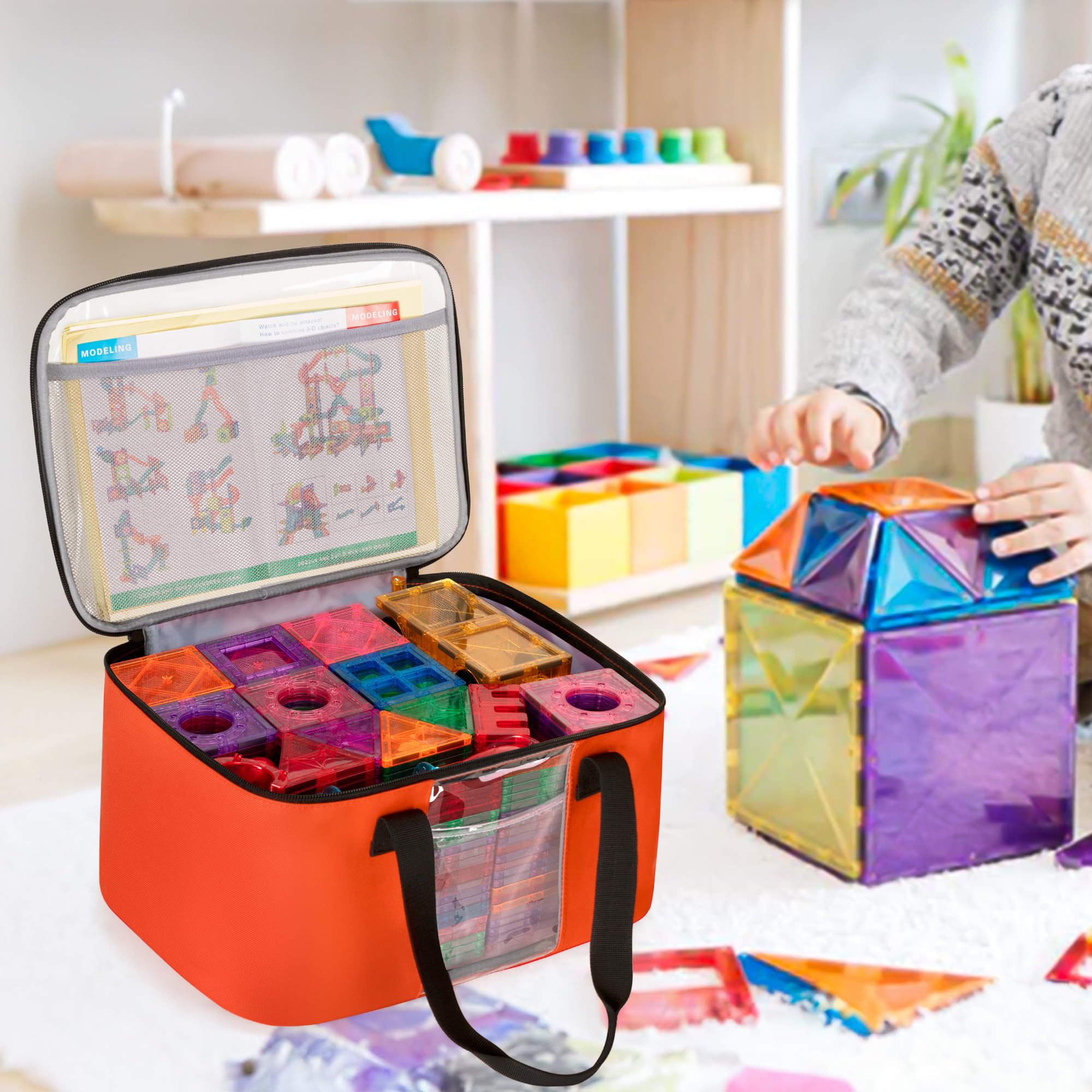 Rexmica 4 Pack Magnetic Tiles Storage Bag, Multifunction Toy Storage Organizer Bag, Magnetic Tiles Travel Bag Case with Visible Top for Magnet Building Tiles, Board Game, Puzzle, Car Toy