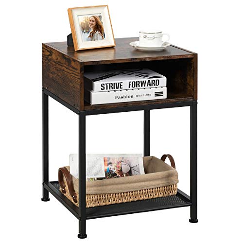 Home Office Living Room Bedroom Furniture Decor Coffee Sofa Side Bedside End Industrial Table Nightstand with mesh Shelf Rustic Brown Wood and Sturdy Steel Compact Size Easy Assembly