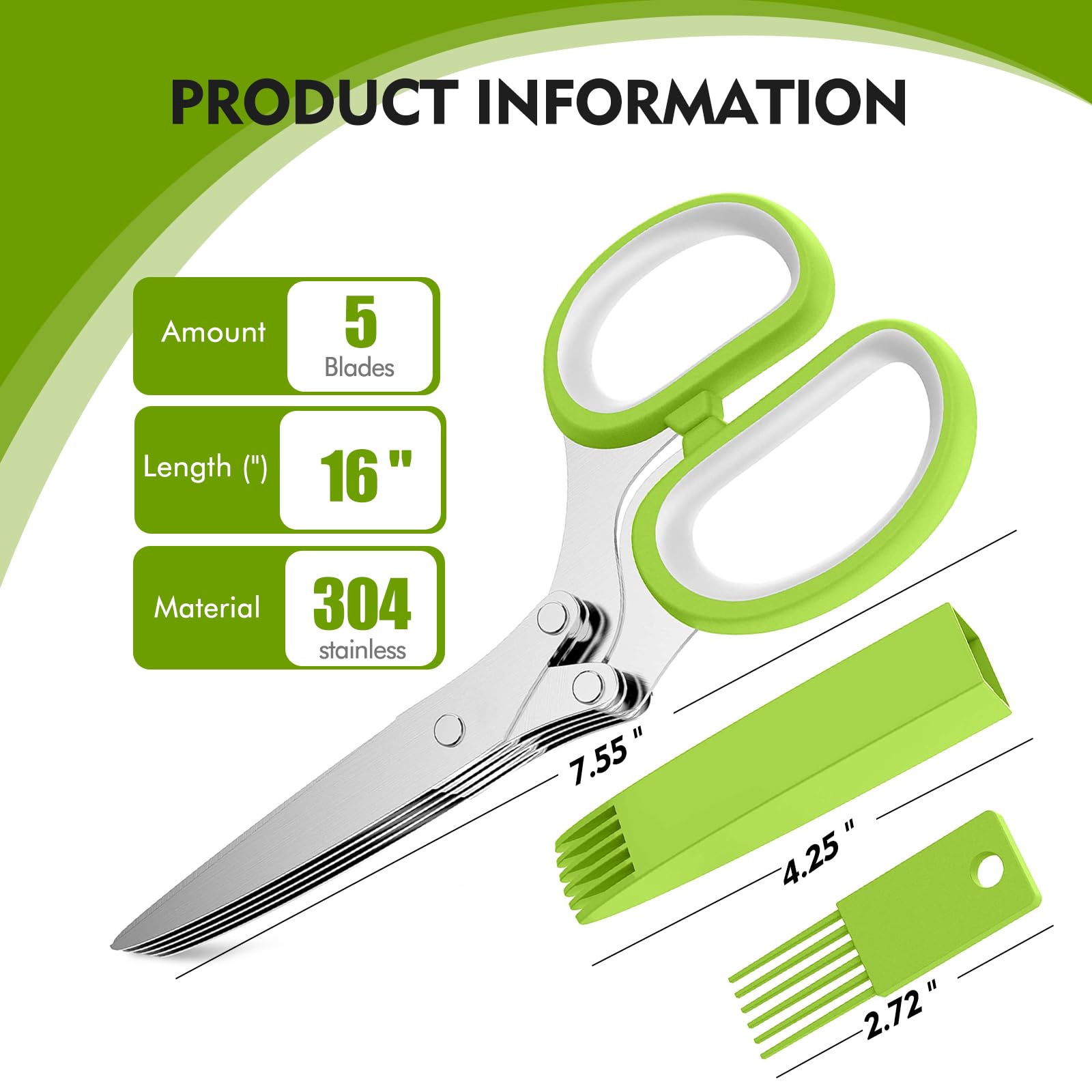 Herb Scissors,5 Blade Kitchen Herb Shears Herb Cutter with Safety Cover and Cleaning Comb for Chopping Basil Chive Parsley, Stainless Steel, Sharp Dishwasher Safe Kitchen Gadget - Green