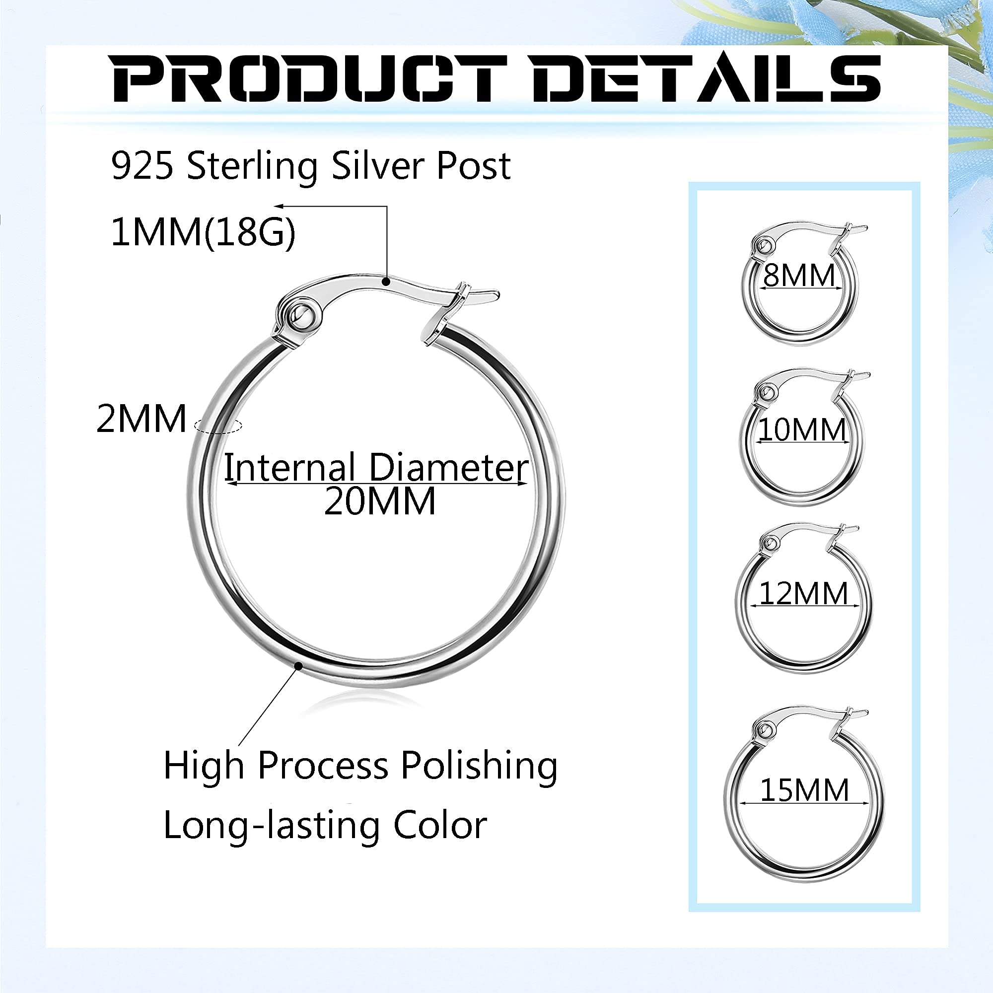 JOERICA 5 Pairs Small Hoop Earrings Set 925 Sterling Silver Post Clasp Hoop Earrings for Women Men 8mm, 10mm, 12mm, 15mm, 20mm
