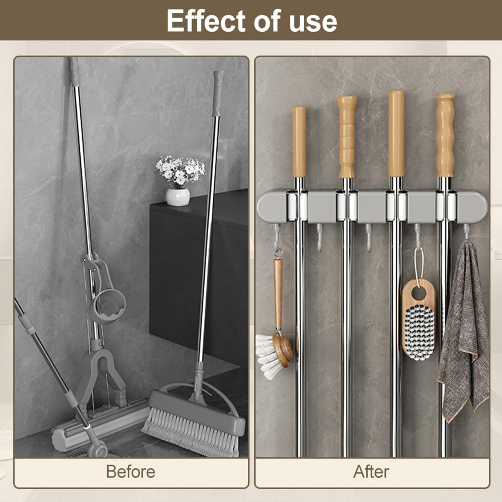 Oforest 2024 New Multifunctional Mop Holder With Hook, Punch Free Mop And Broom Holder Wall Mount Broom Rack, 4 Racks And 5 Hooks For Garage, Bathroom, Kitchen, And Garden Tool Storage (Grey*2Pcs)