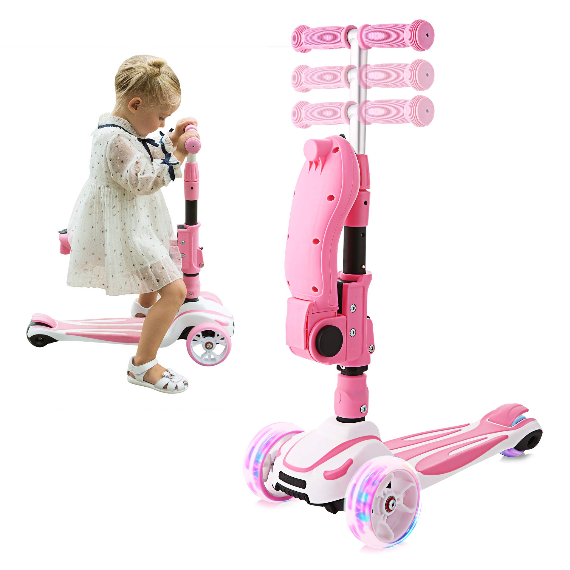 Hikole 3 Wheels Scooter for Kids with Foldable and Removable Seat – Adjustable Height, 3 LED Light Wheels, Kick Scooter for Girls & Boys 3-8 Years Old (Pink)