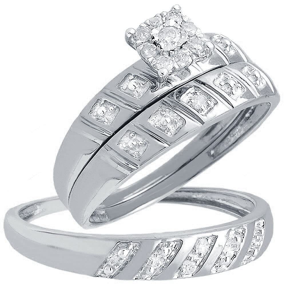 IRA Round Cut D/VVS1 Diamond 18k White Gold Plated 925 Sterling Silver His and Her Engagement Bridal Wedding Trio Ring Set
