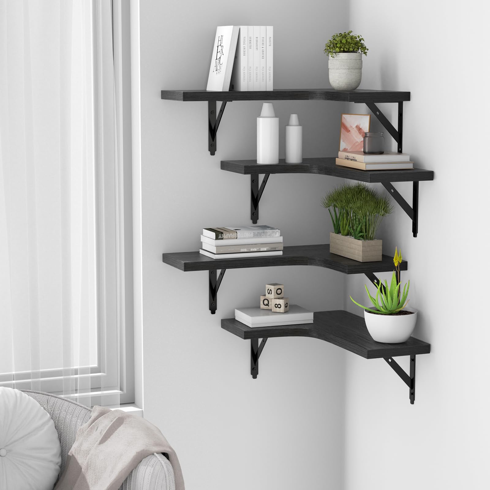 ROMGUAR CRAFT Corner Floating Shelves Wall Mounted Set of 4, Rustic Wood Storage Display Wall Shelves for Home Decor, Bathroom, Kitchen, Bedroom, Living Room, Office (Brown)
