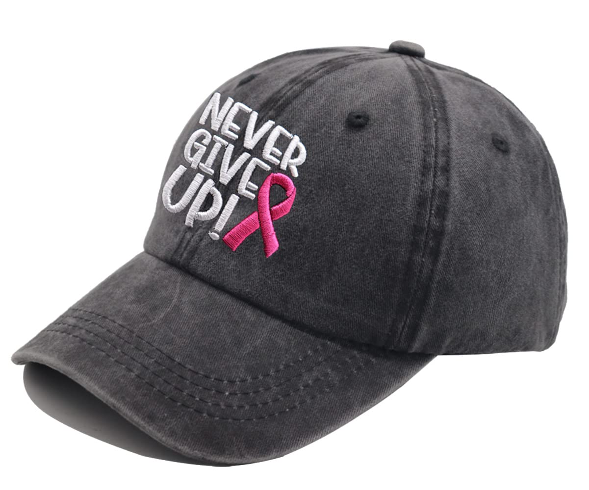 HHNLB Women's Pink Ribbon Breast Cancer Awareness Hat, Funny Survivor Gifts for Women, Embroidered Adjustable Never Give Up Baseball Cap