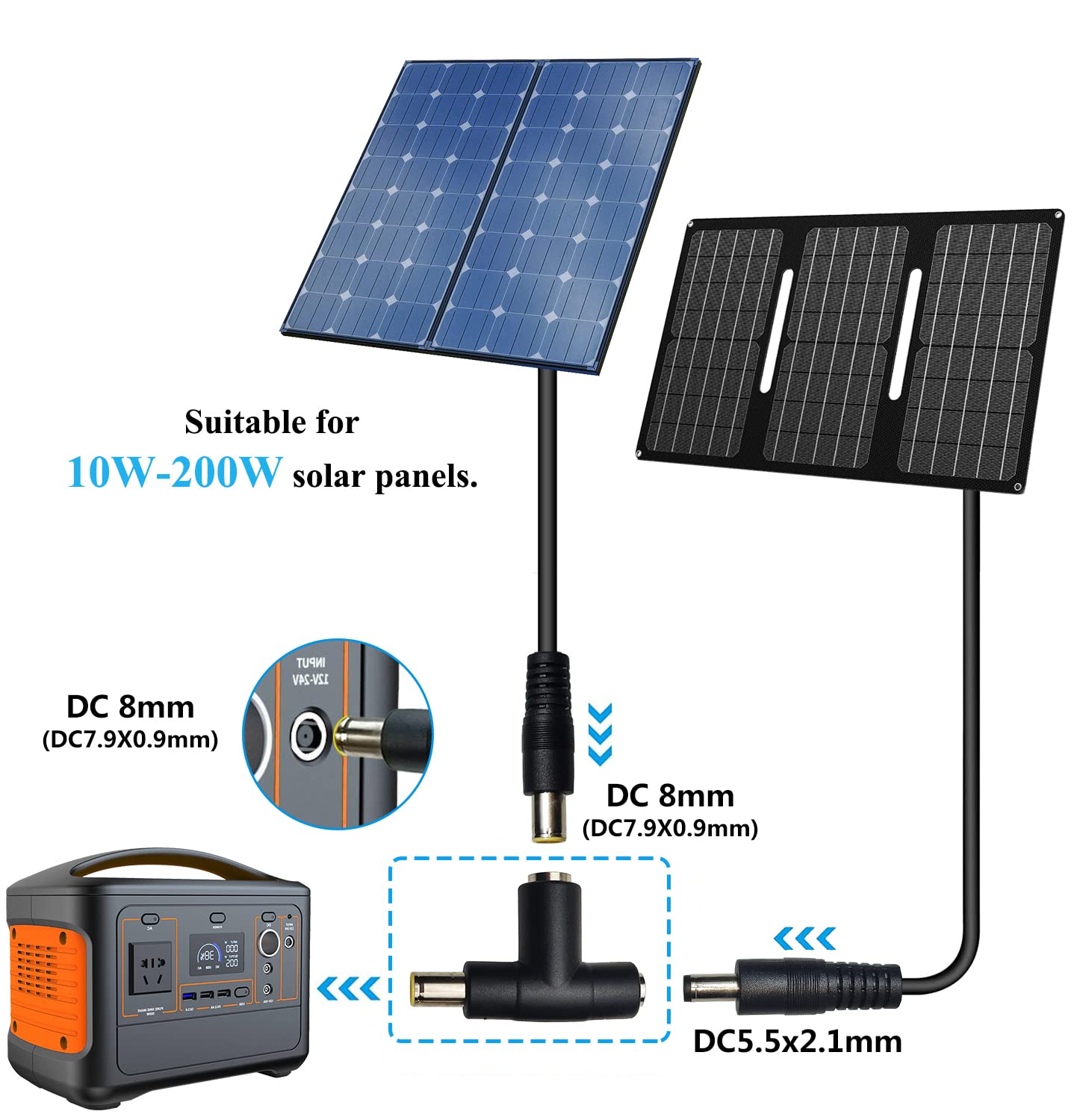 JINKAIMING DC 8mm Power Adapter 90 Degree Angle Y Splitter Converter DC 7909 Female to Male to DC 5521 Female Branch Connector for Solar Panel Generator Portable Power Station 2PCS