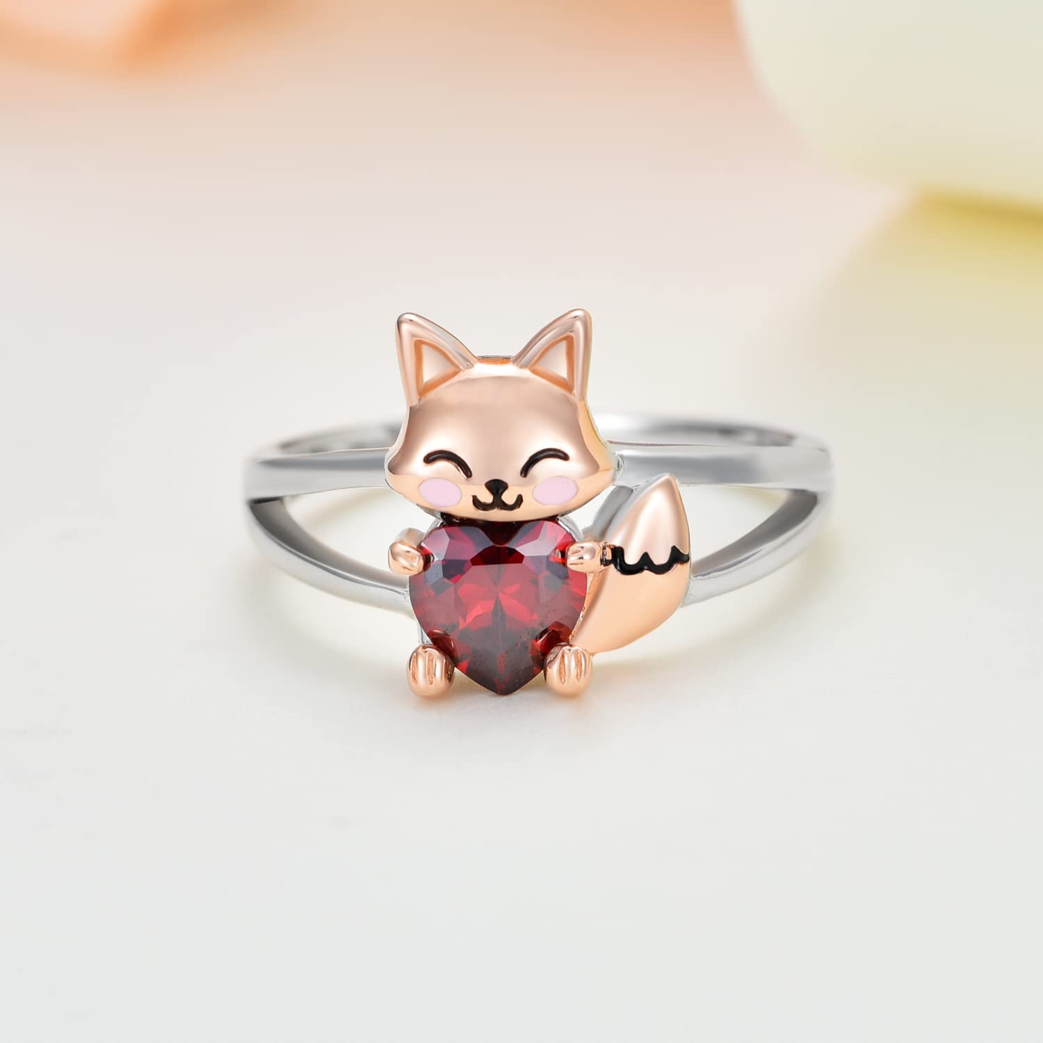 LONAGO 925 Sterling Silver Fox Ring Cute Fox Holding Birthstone Heart Band Ring for Women（Size 6）