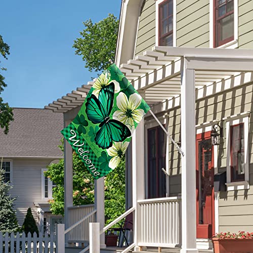 Morigins Welcome Clover Butterfly House Flag Decorative St.Patrick's Day Double Sided Flag 28 X 40 Inch