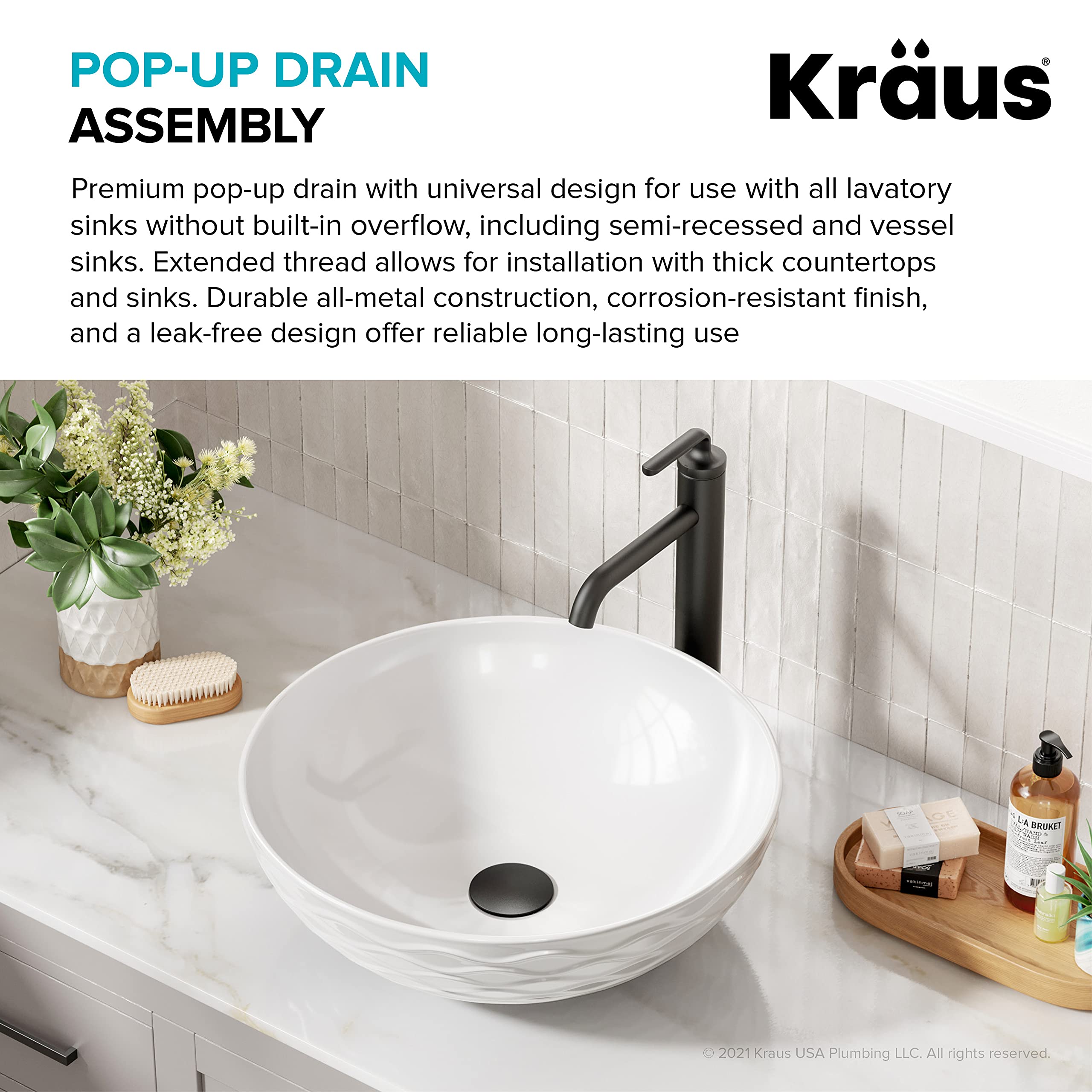 Kraus PU-L10MB Bathroom Pop-Up Drain Assembly for Vessel Sinks Without Overflow, with Extended Thread for Thicker Countertops, 10 3/4 Inch, Matte Black