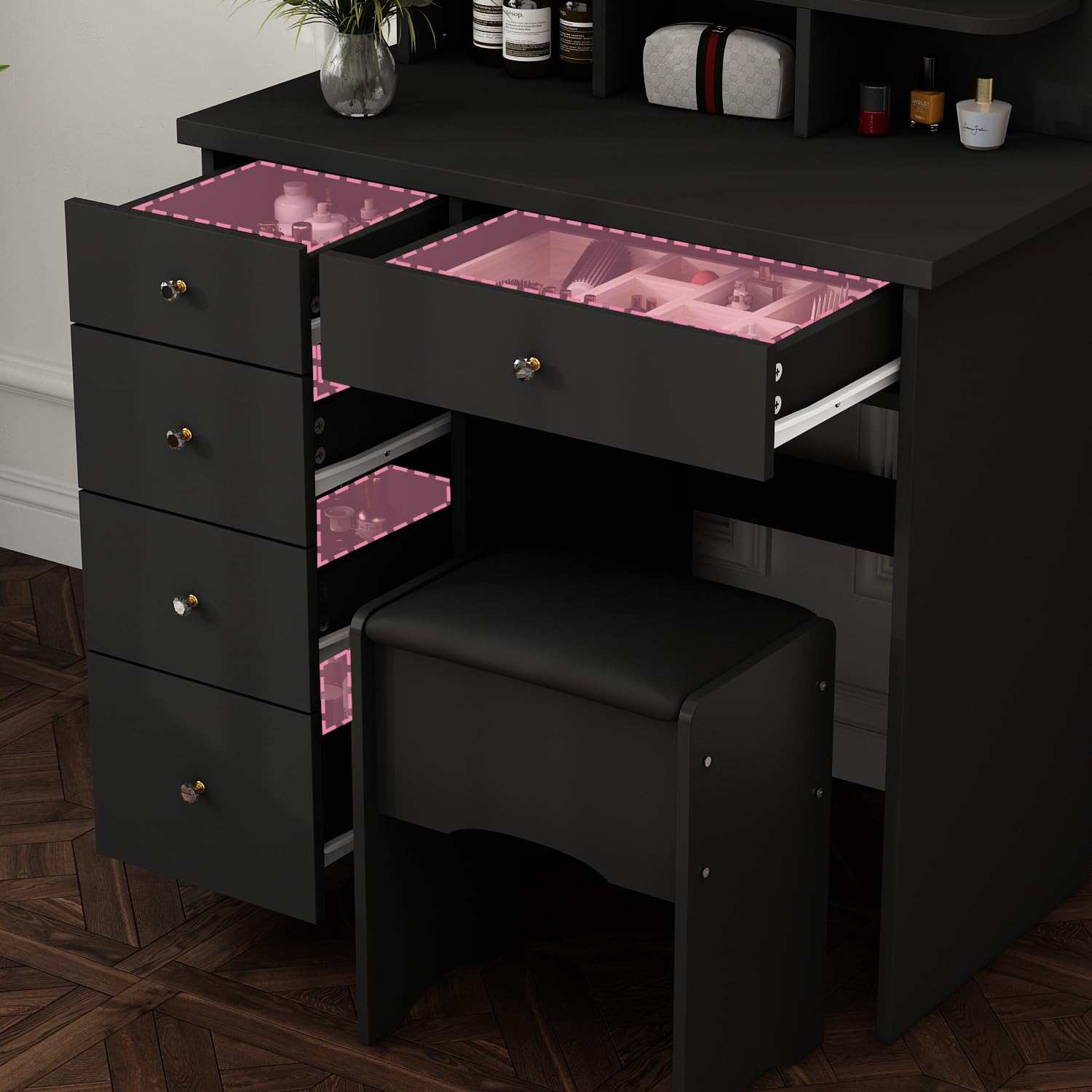 ROMSHINE Small Vanity Desk with Mirror, Makeup Vanity with Shelves & 4 Drawers, Vanity Table Set for Bedroom, Sliding Mirror, Cushioned Stool, Space-Saving, White&Grey, 35.2”W x 15.7”D x 52.4”H
