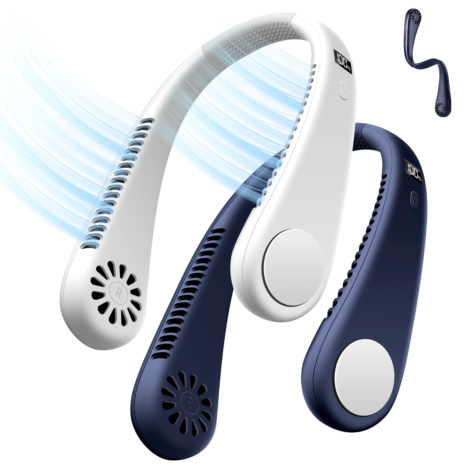 Odoland Portable Neck Fan with LED Display, 3600mAh Rechargeable Hands Free Bladeless Mini Fan, 4 Speed Adjustment Strong Wind Portable Fan for Traveling Office Camping, 2 Pack, White&Blue