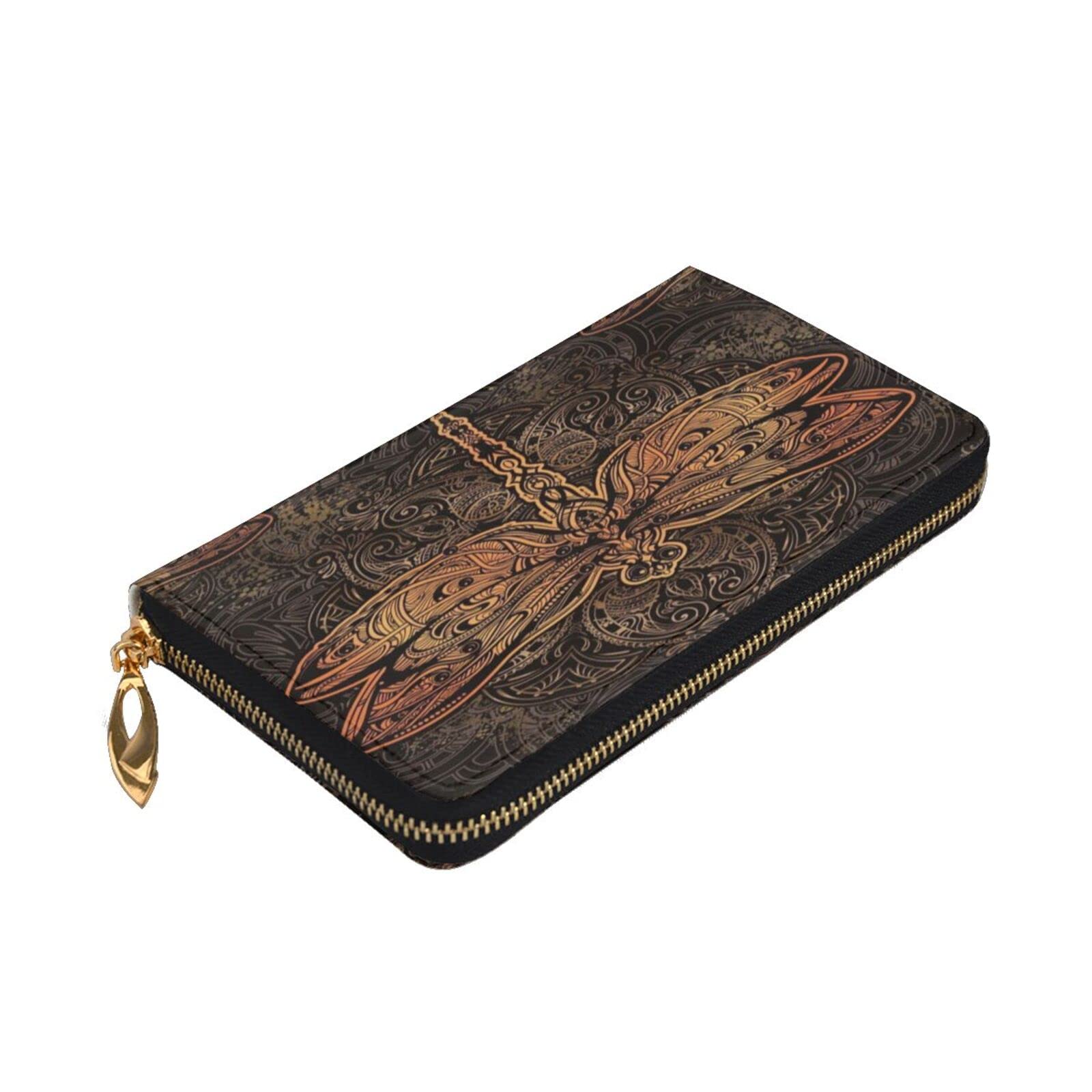 Long Handbag Purse Wristlet Bag Card Holder Wallet-Dragonfly Mandala Ethnic Tribal Leather Wallet For Women Men